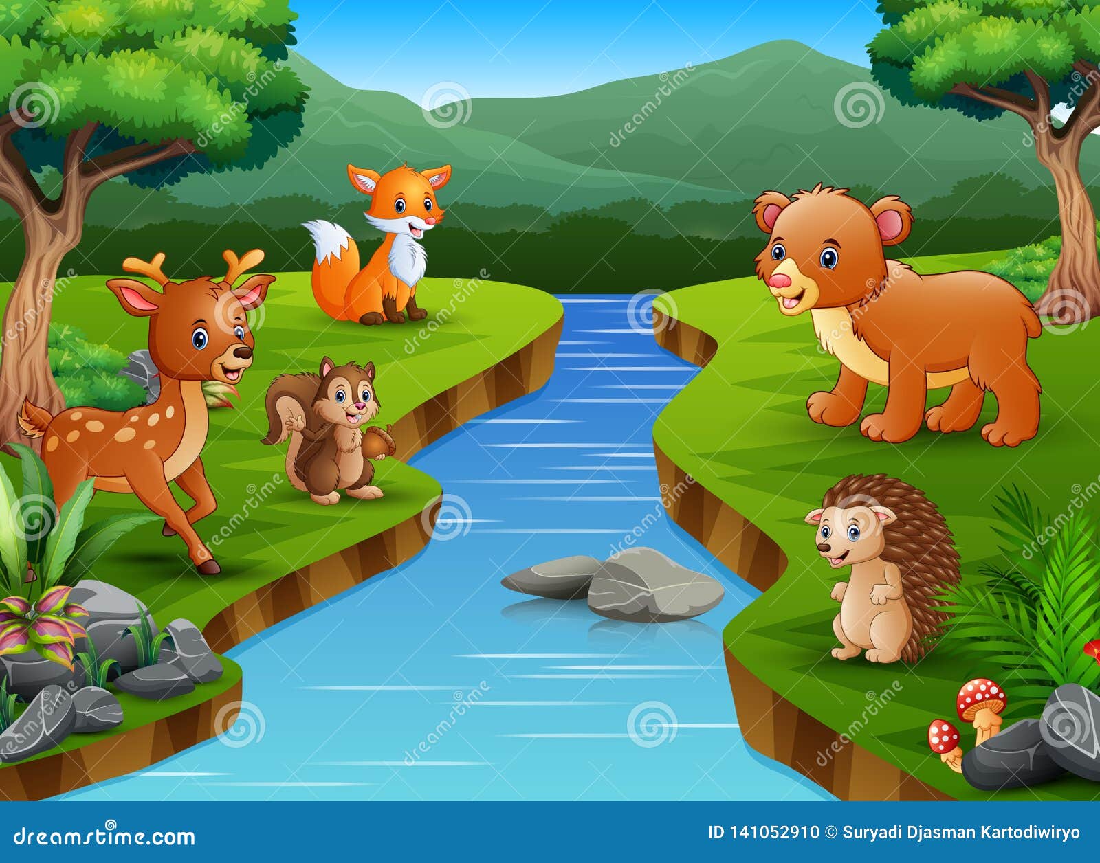Happy Animal Cartoon Enjoying on the Riverside Stock Vector ...