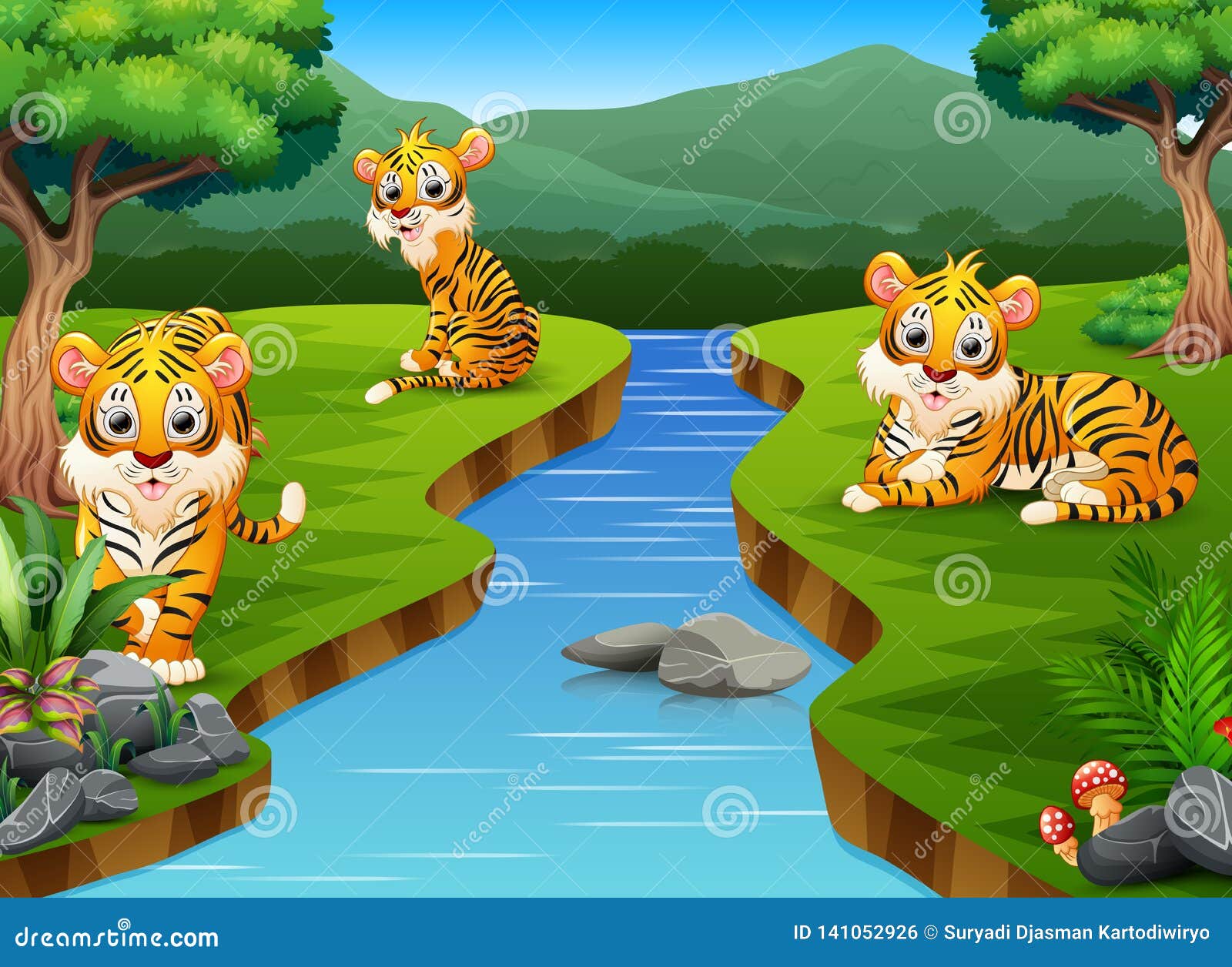 Cartoon Tiger Group on the Riverside Stock Vector - Illustration of ...