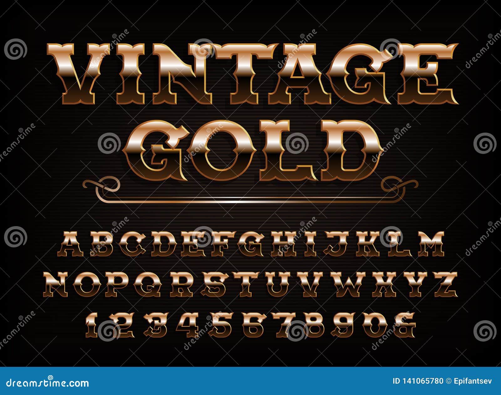 Vintage Gold Alphabet Font. Beveled Letters and Numbers Stock Vector ...