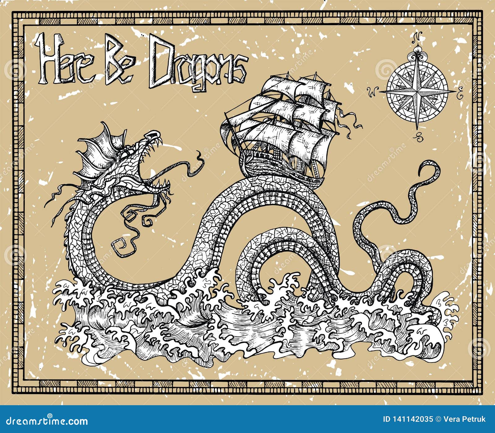 Scary Dragon Snorting Fire With Compass, Title And Sword In Baroque ...