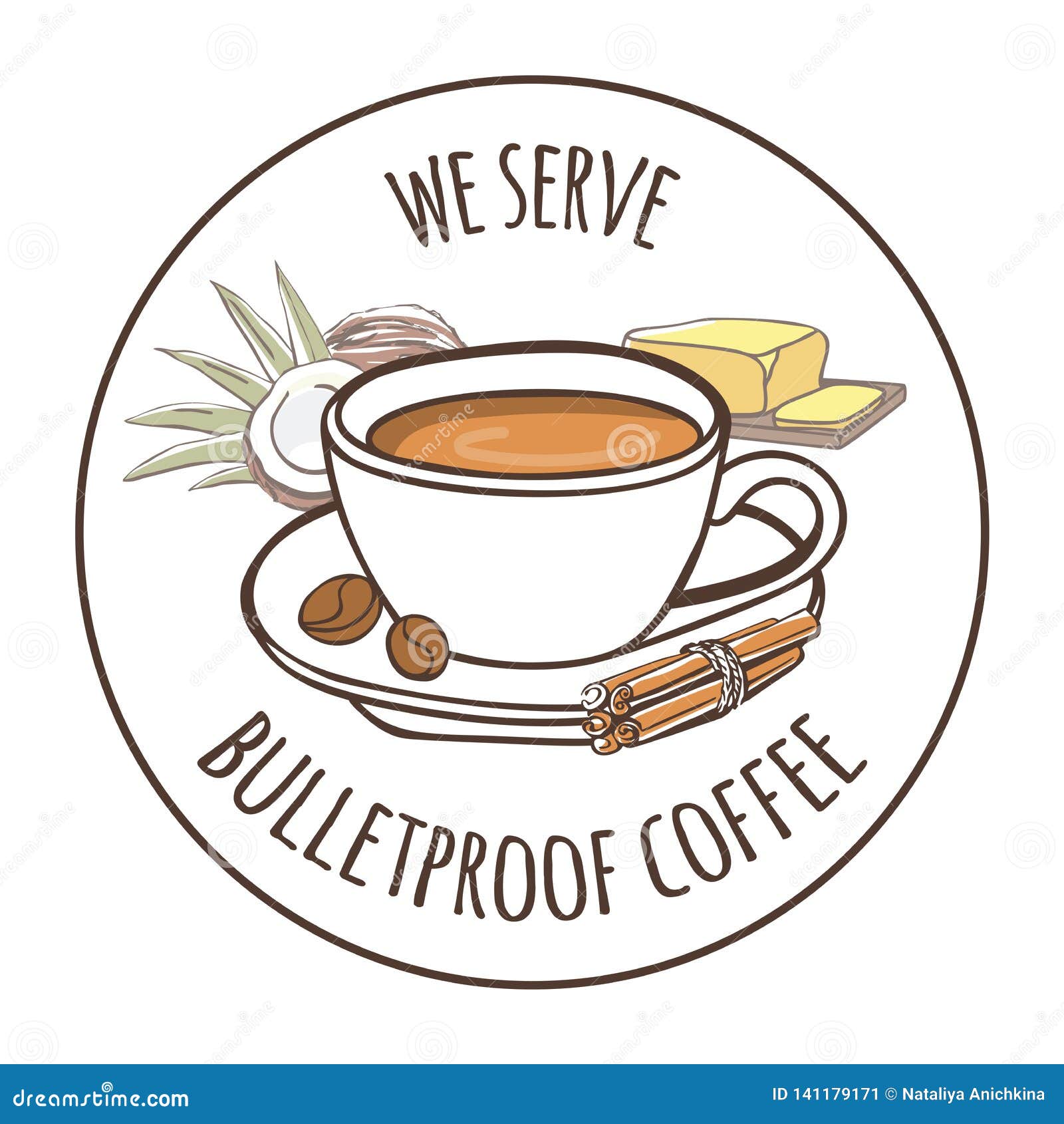 We Serve Bulletproof Coffee. Vector Label Illustration of a Buttered ...