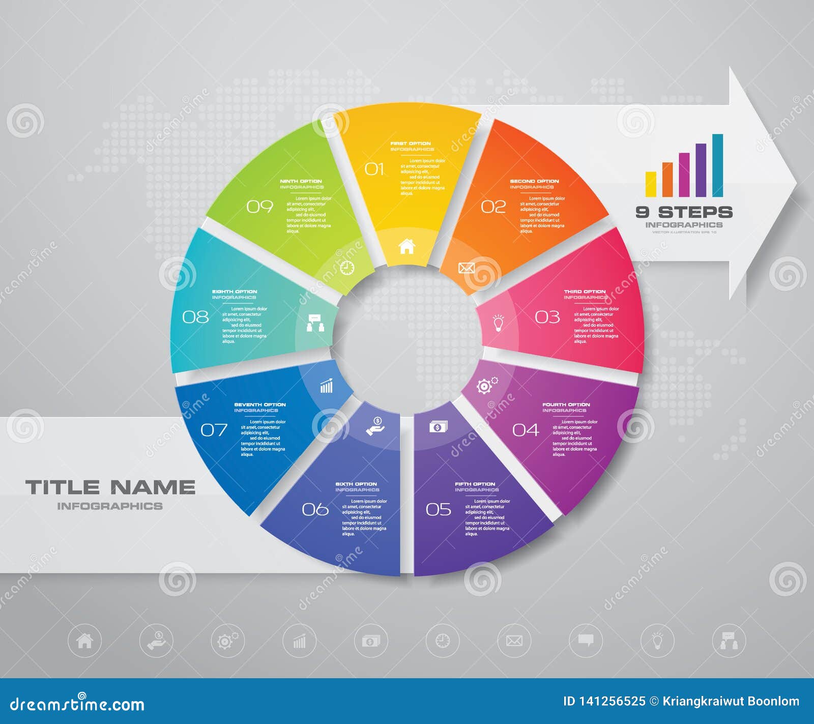 Modern 9 Steps Pie Chart/ Circle Chart with Arrow Infographics Design ...