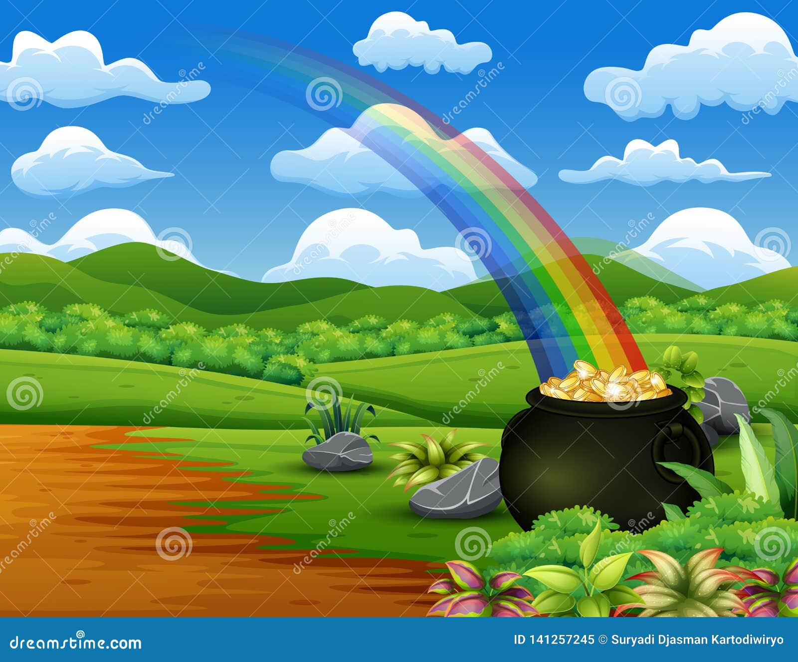 Saint Patrick`s Day Pot of Gold and Rainbow on the Nature Stock Vector ...