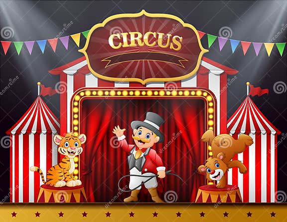 Cartoon Ringmaster and Many Animal Performance on the Stage Stock ...