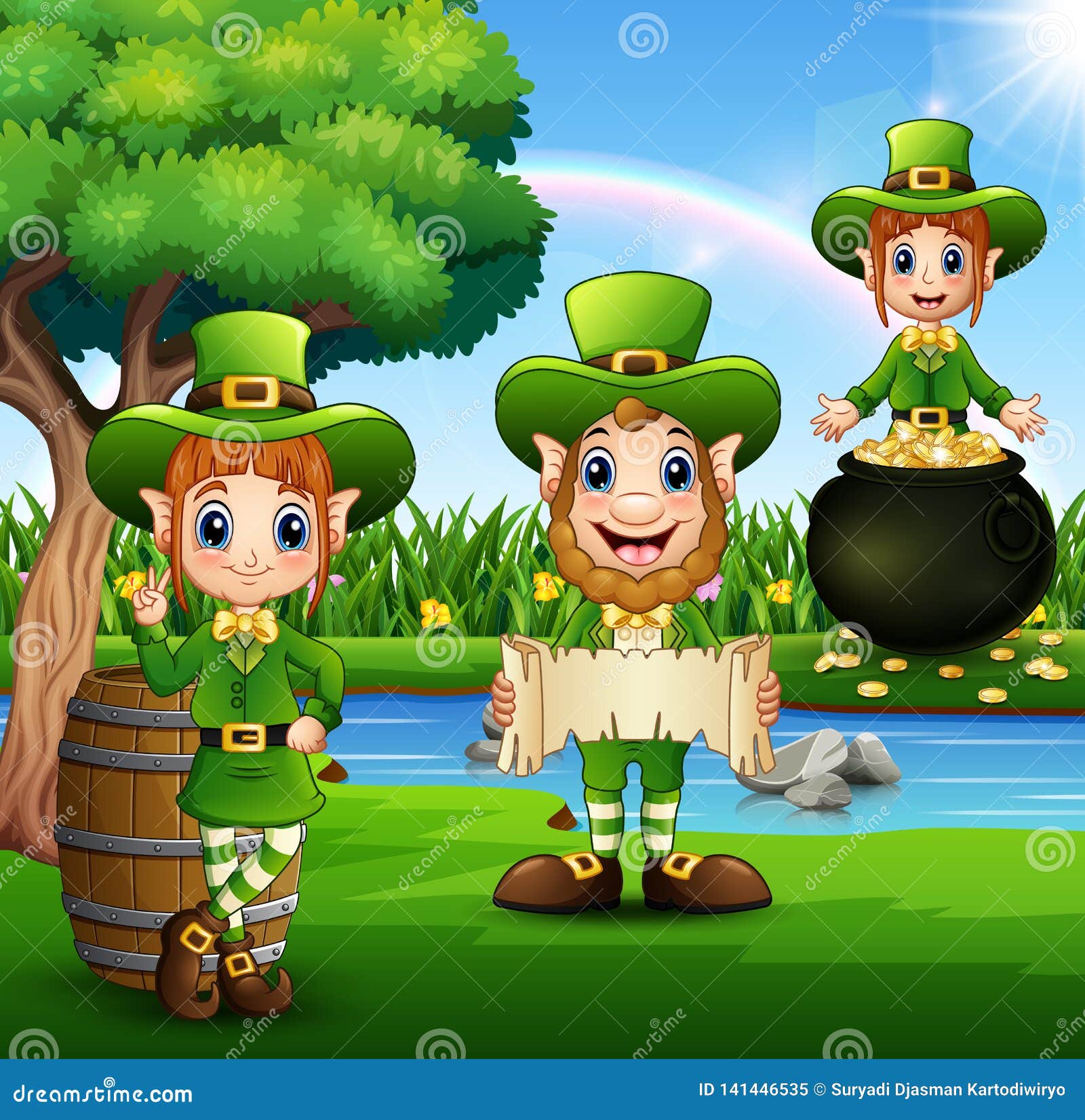 Leprechaun and Saint Patrick Day Characters with Rainbow and Pot of ...