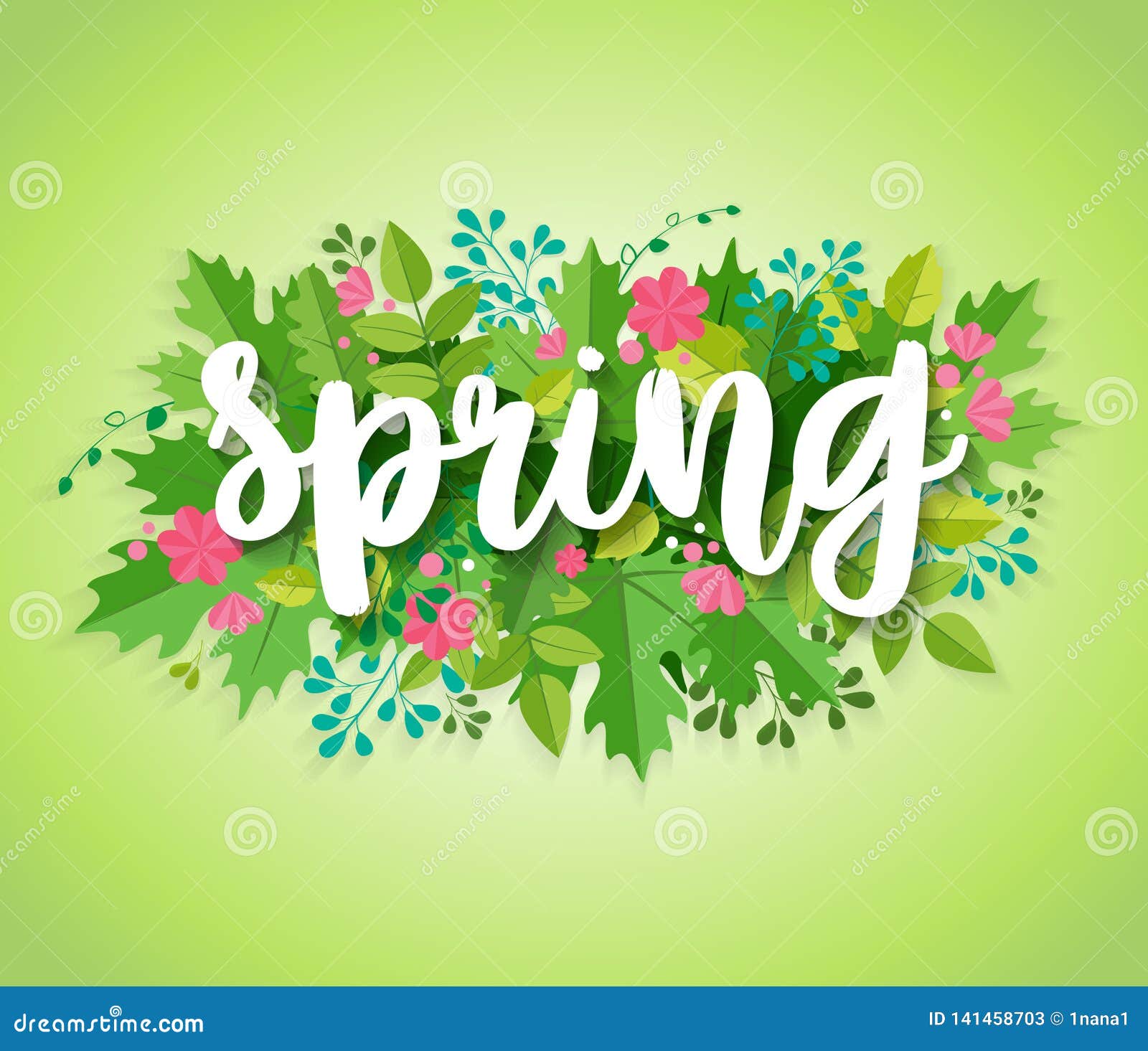 Spring Background with Green Leaves and Flowers. Stock Vector ...