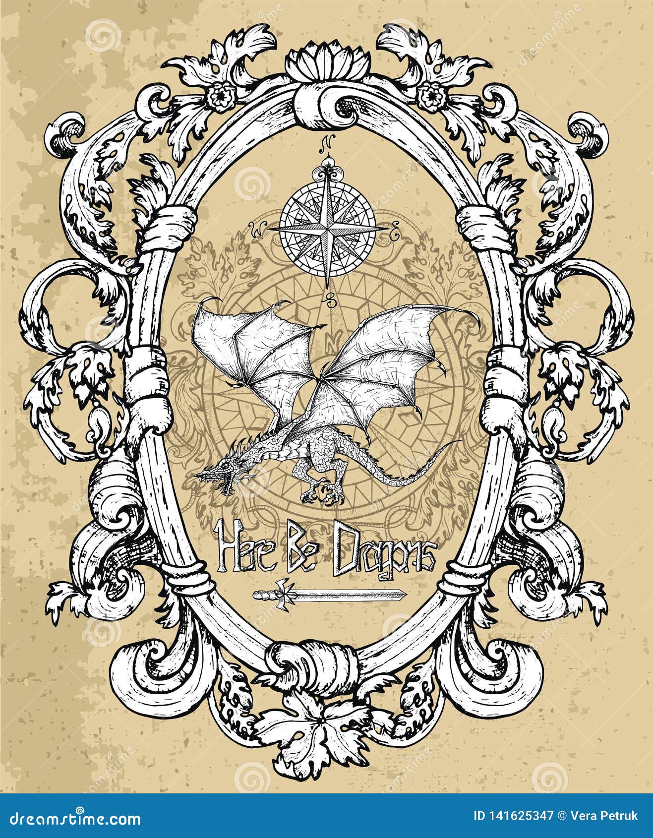 Heraldic Dragon, Compass and Ancient Sword in Victorian Frame Stock ...