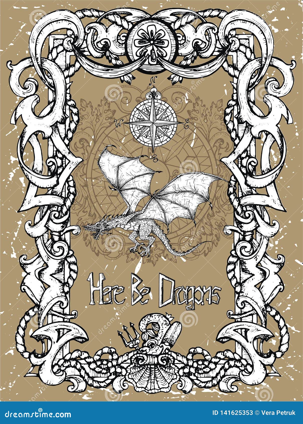 Epic Dragon with Compass and Title Here Be Dragons in Antique Baroque ...