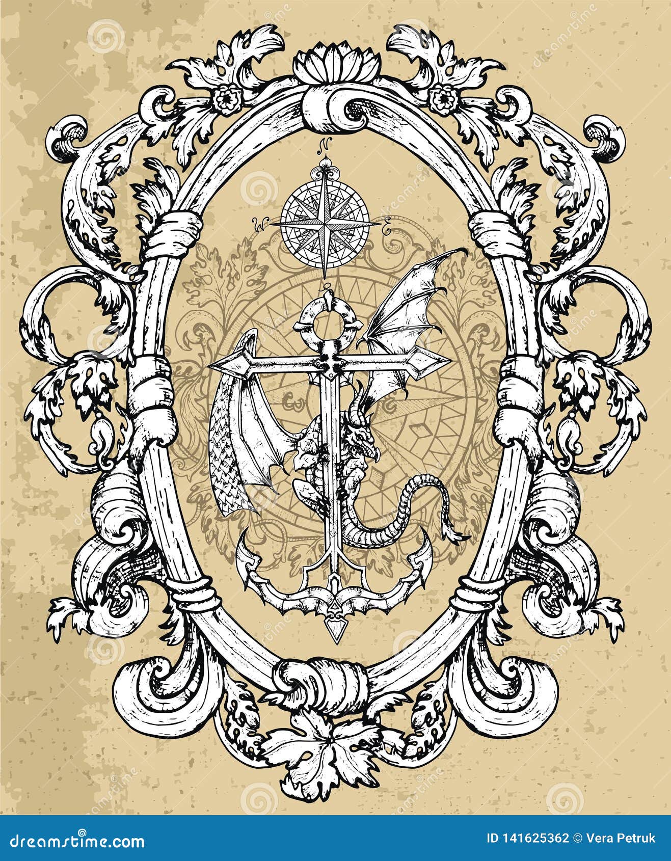 Myth Dragon Sitting on Anchor with Compass in Baroque Frame Stock ...