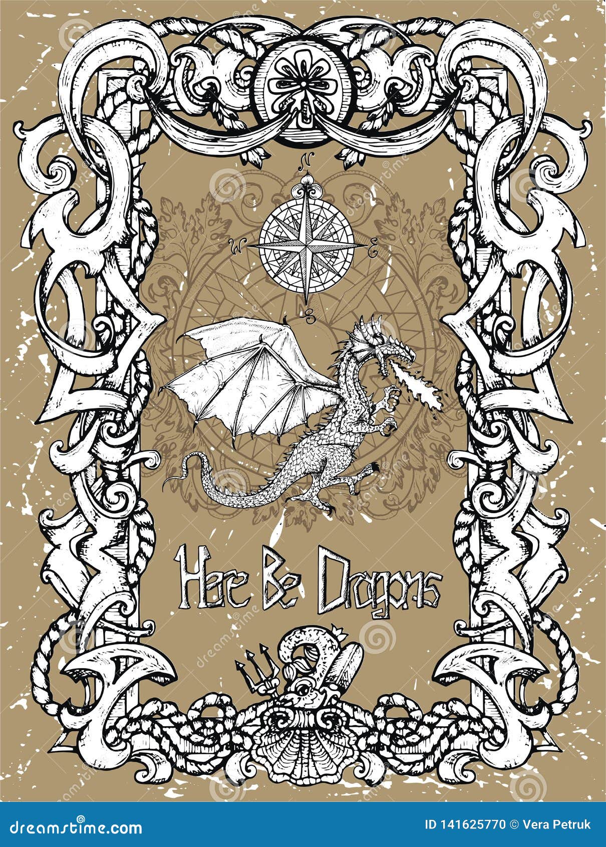 Flying Dragon Snorting Fire with Compass in Ancient Decorated Baroque ...