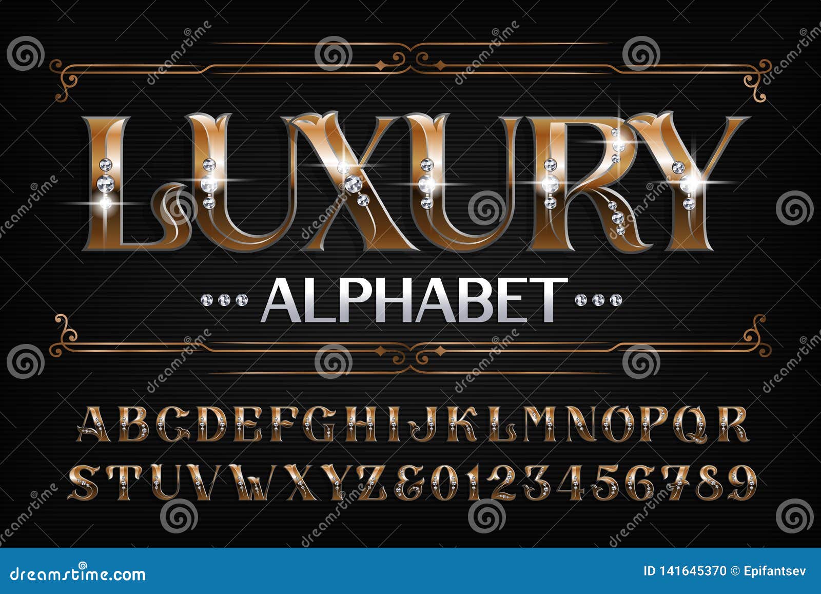 Luxury Alphabet Font. Ornate Golden Letters and Numbers with Diamond ...