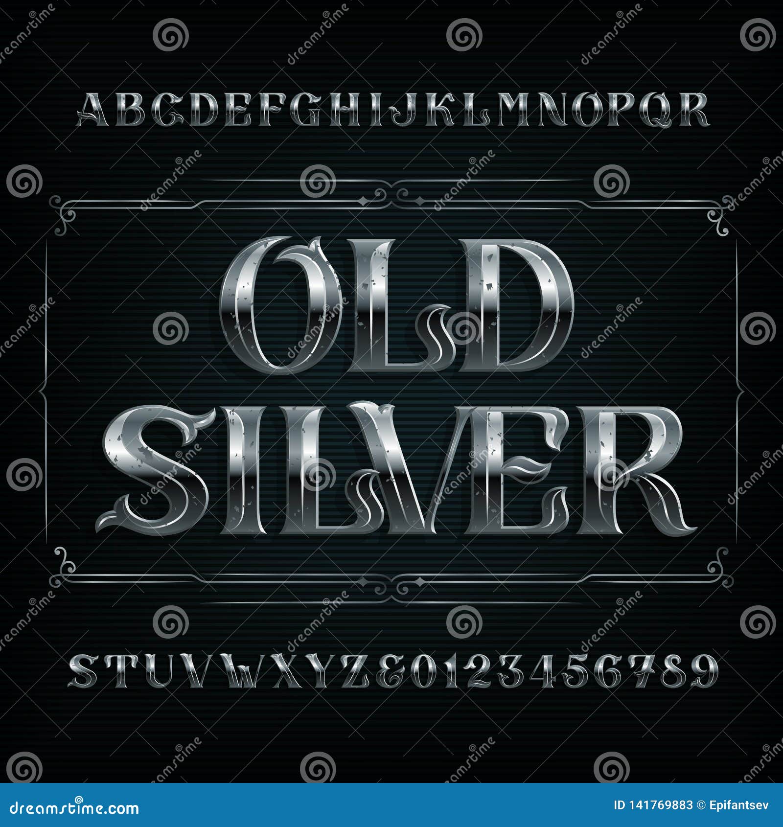 Old Silver Alphabet Font. Vintage Metal Letters and Numbers Stock ...