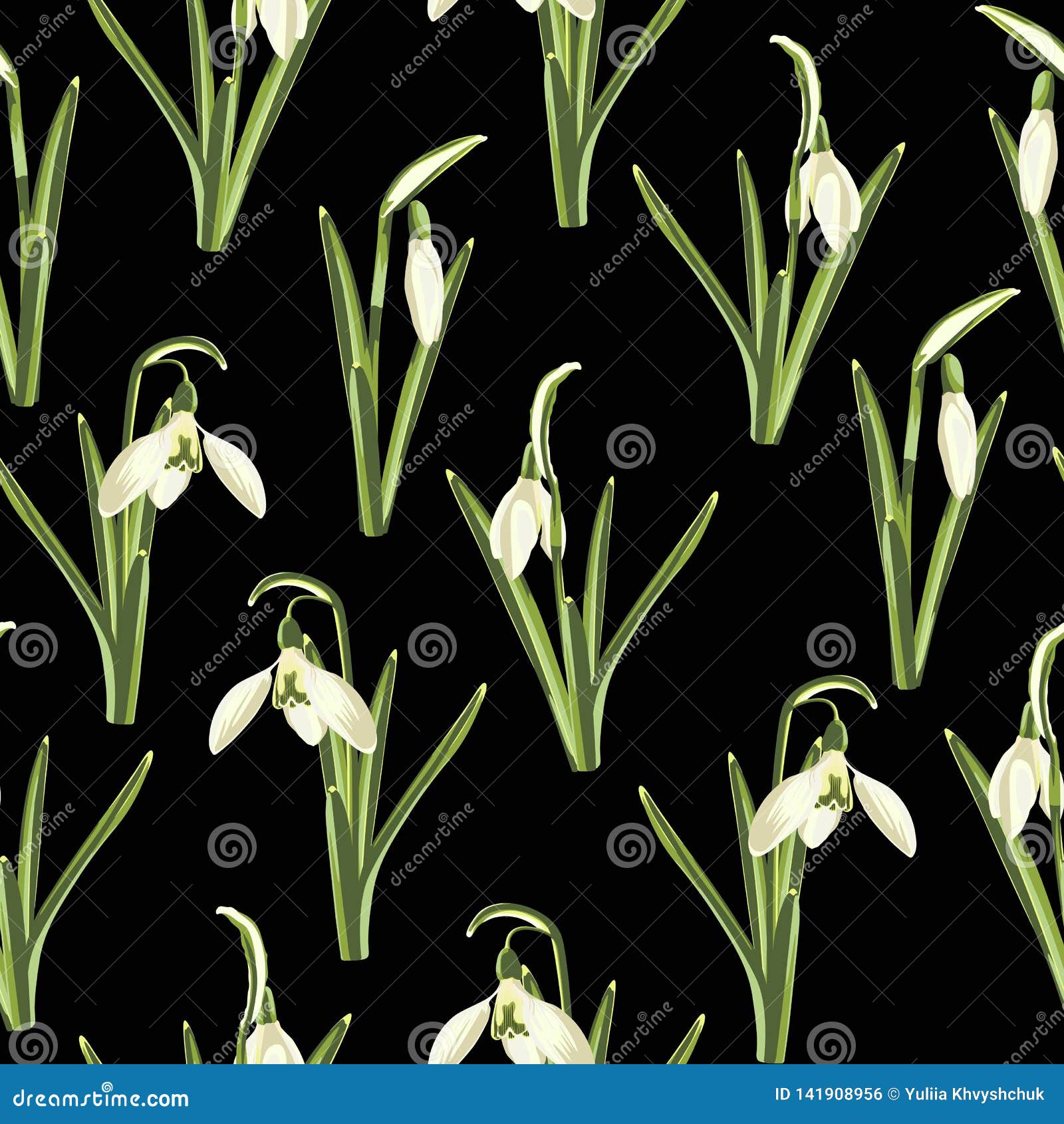Seamless Pattern with White Snowdrop Spring Flowers and Green Leaves ...