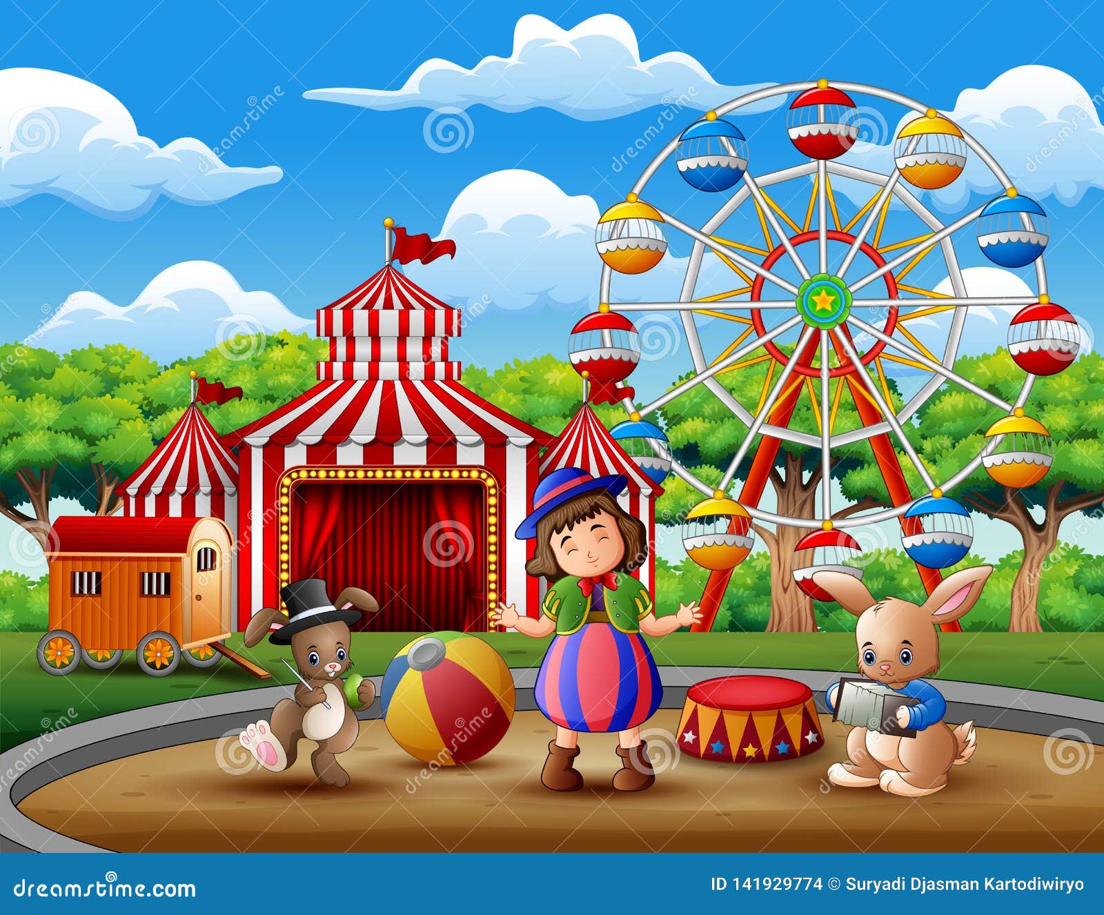 Happy Girl in Costume with a Rabbits Circus in the Arena Stock Vector ...