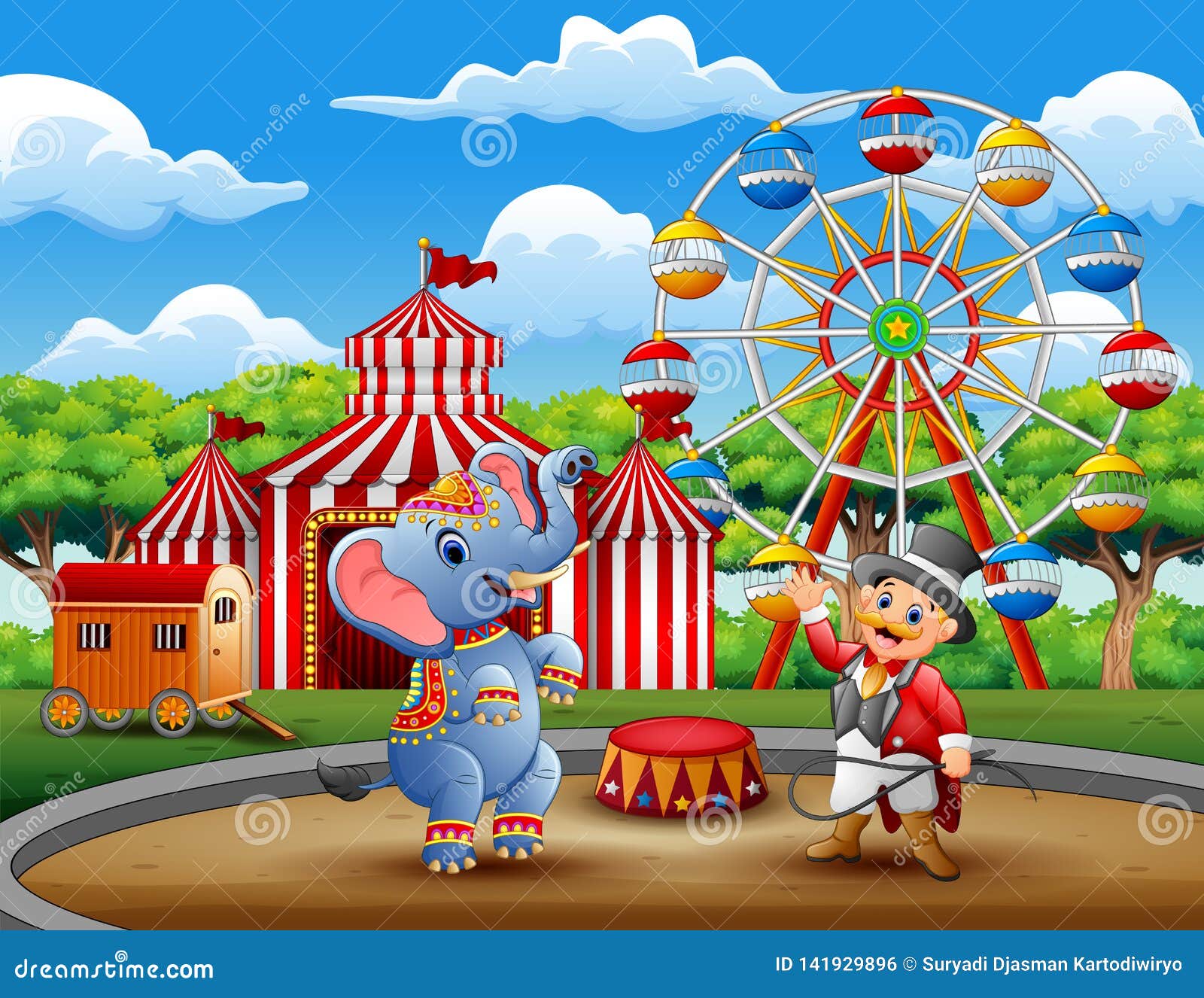 Circus Ringmaster Performs a Trick Along with Elephant in Arena Stock ...