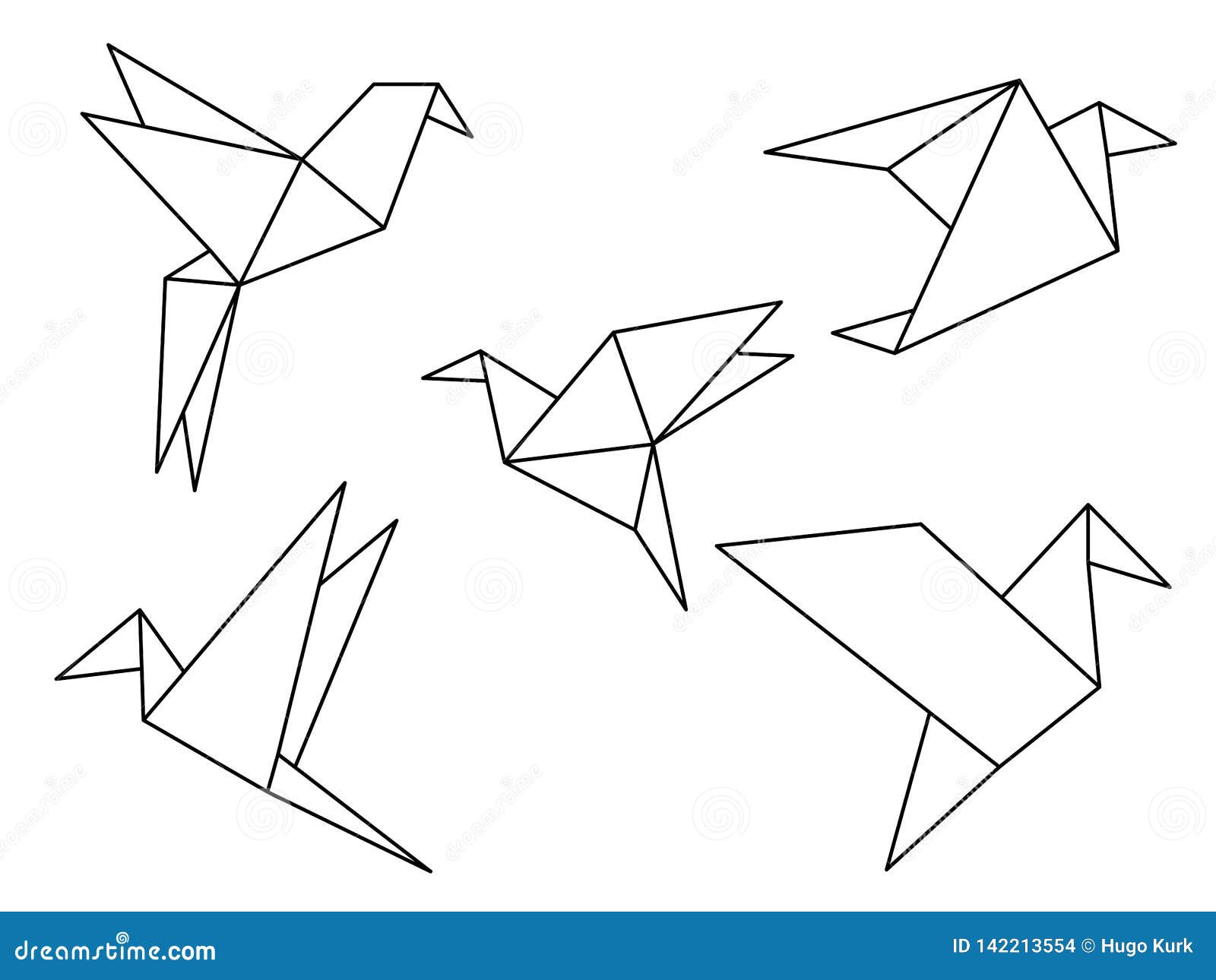 Origami Birds Crane Shapes Vector Set, Hand Drawn Folder Paper Art ...