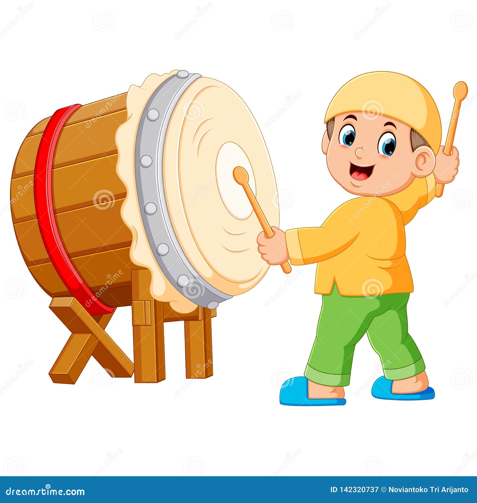 A Boy Playing Bedug Cartoon Stock Vector - Illustration of beduk, islam ...