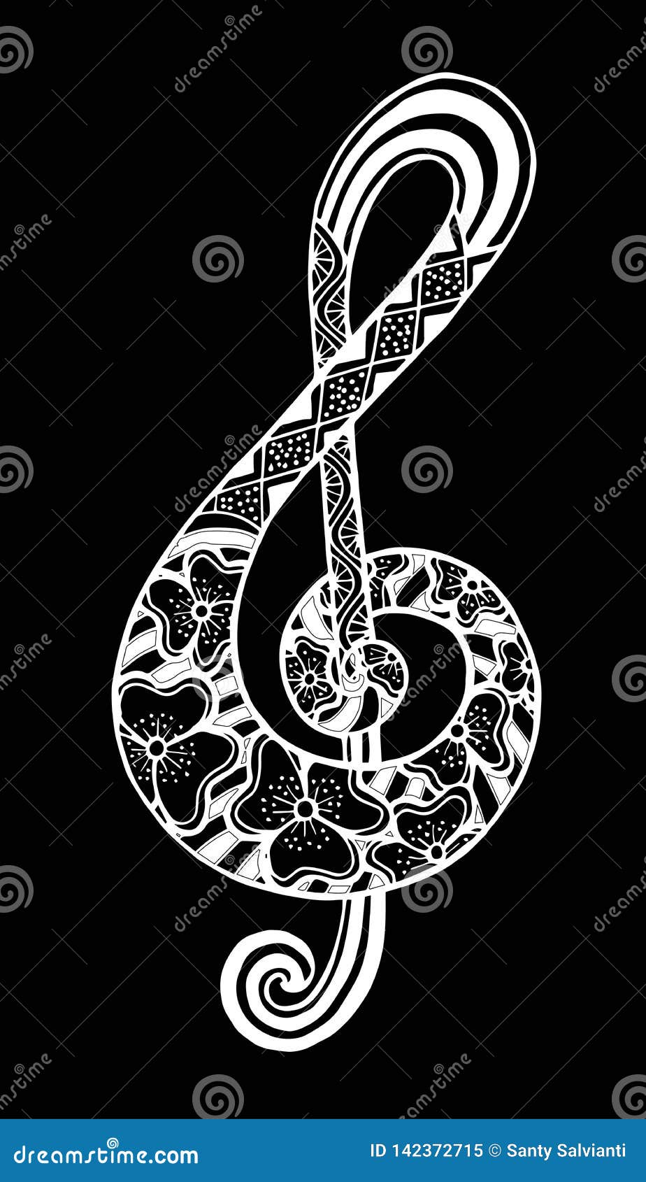 Hand Drawn Music Key with Ethnic Ornaments and Flowers, Doodle Pattern ...