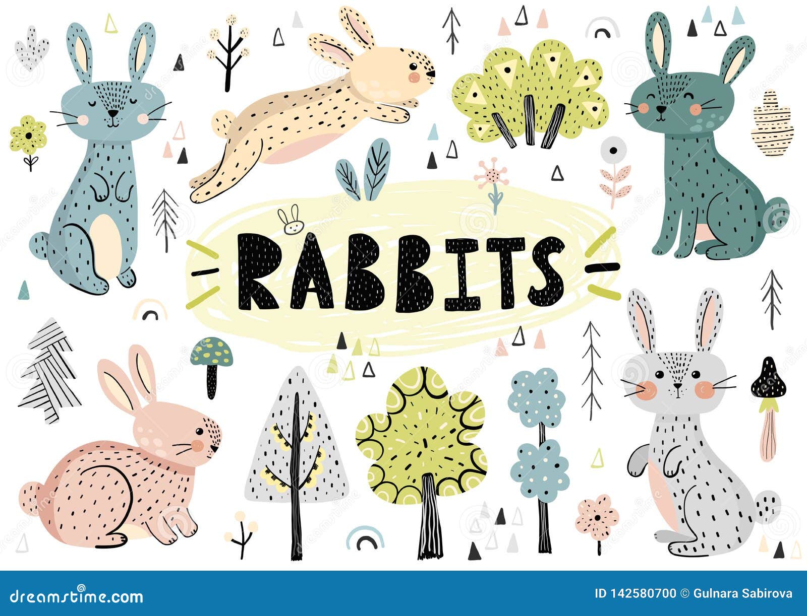 Cute Rabbits, Trees, Plants and Other Hand Drawn Elements Stock Vector ...