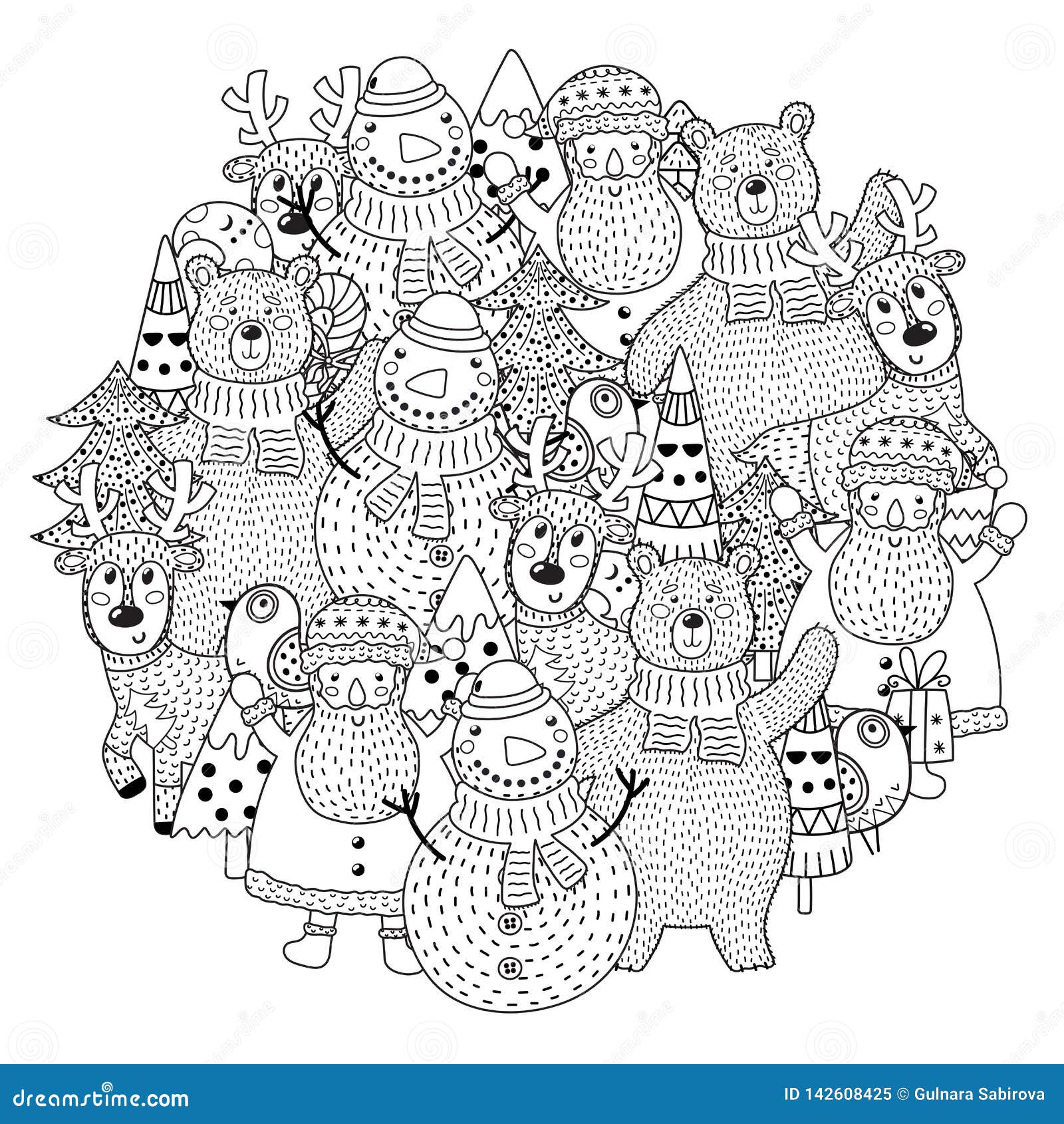 Christmas Characters Circle Shape Pattern for Coloring Book Stock ...