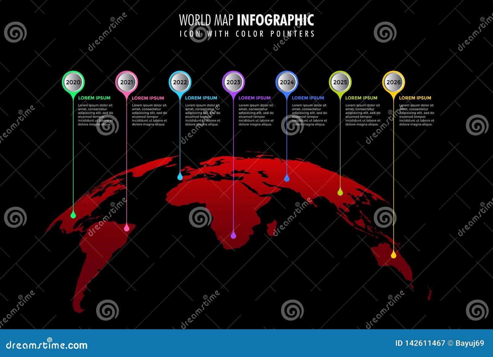 World Map Infographic Template Black Background, Color Icons As Data ...