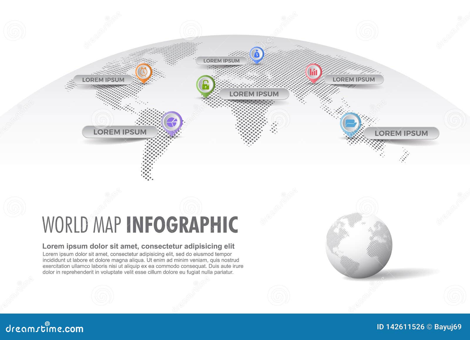 Light Halftone World Map Infographic Template with Globe, Color Icons ...