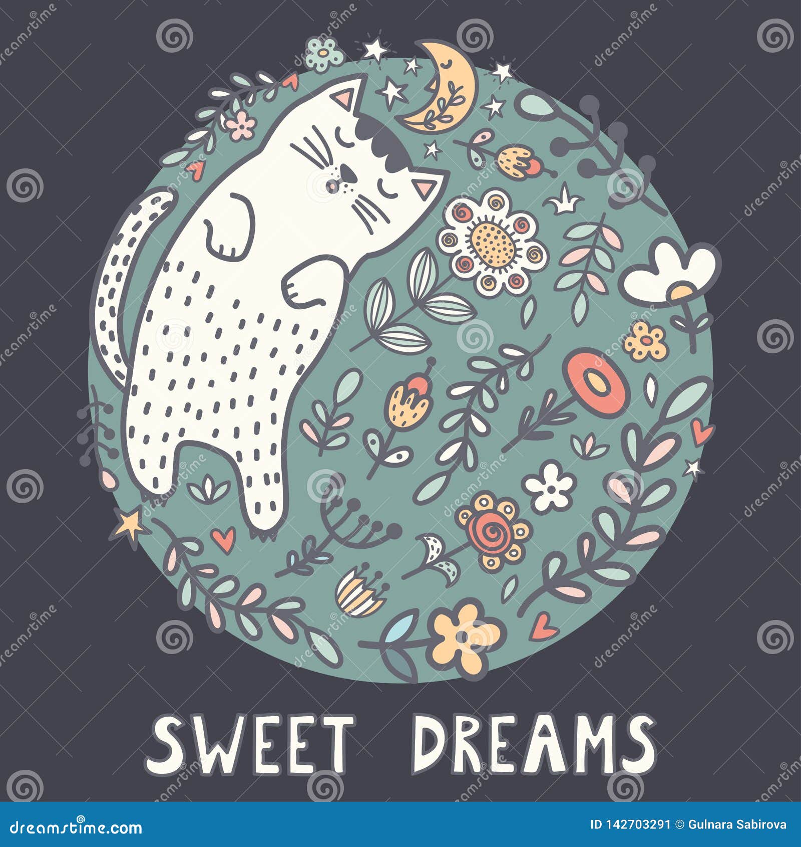 Sweet Dreams Card with a Cute Sleeping Cat in the Plants Stock Vector ...