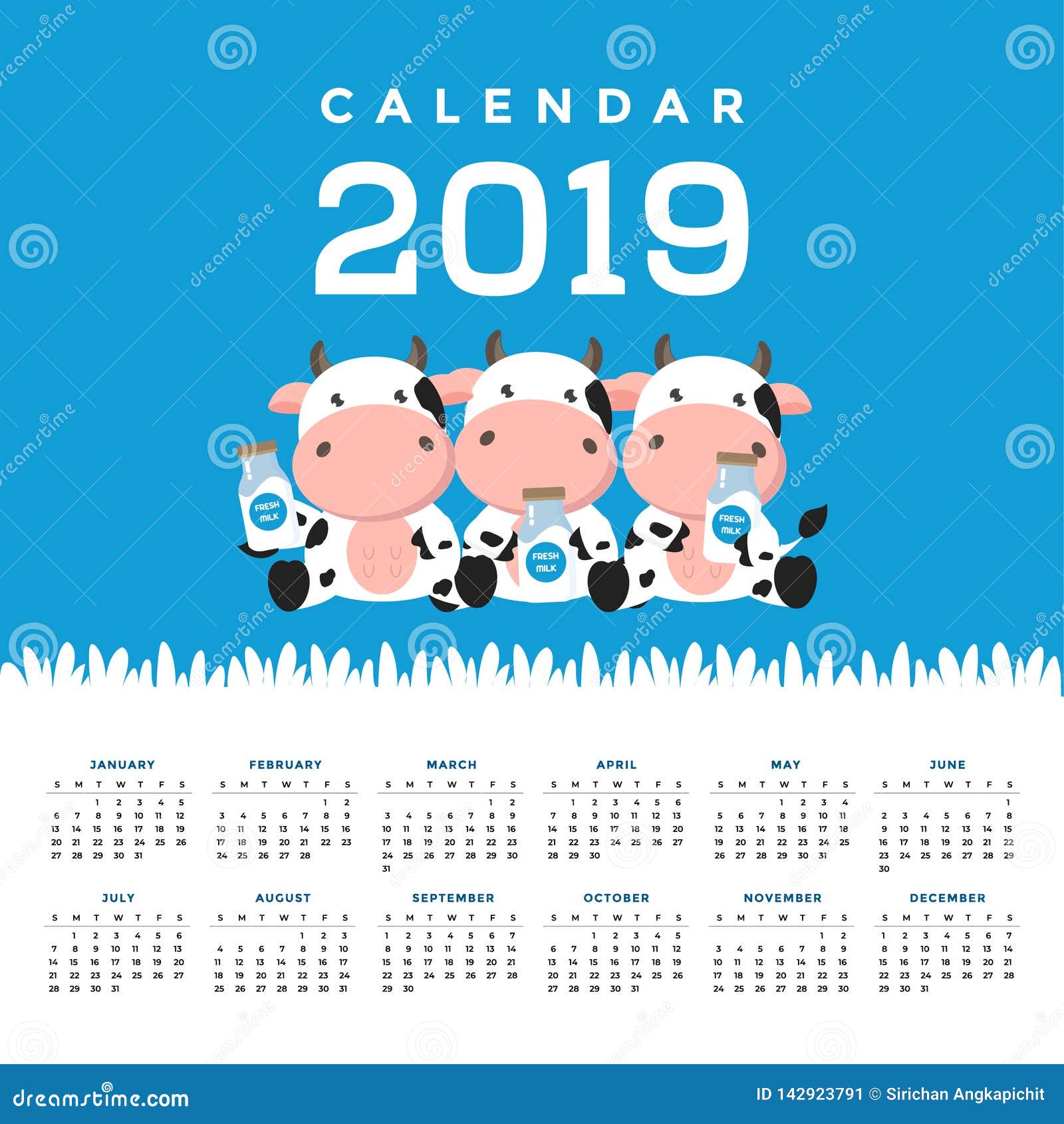 Calendar 2019 with Cute Cows. Hand Drawn Vector Illustration Stock ...