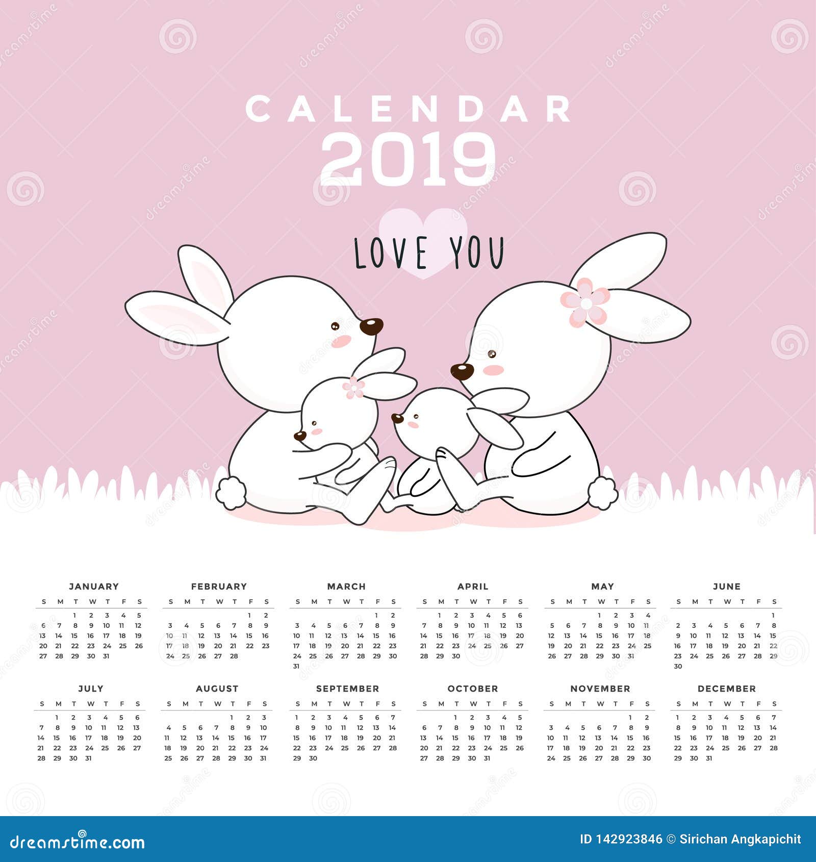 Calendar 2019 with Cute Rabbits. Hand Drawn Vector Illustration Stock ...