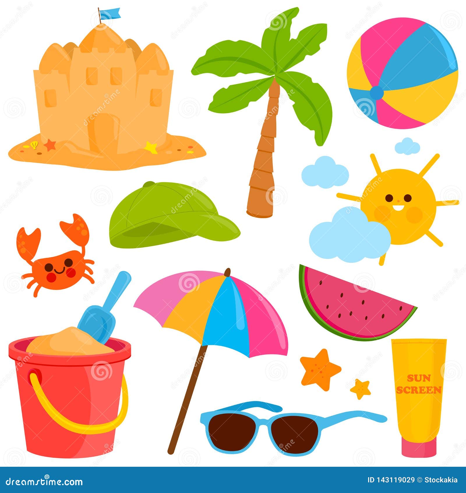 Summer Theme Beach Vacation Design Elements. Stock Vector - Illustration of crab, castle: 143119029