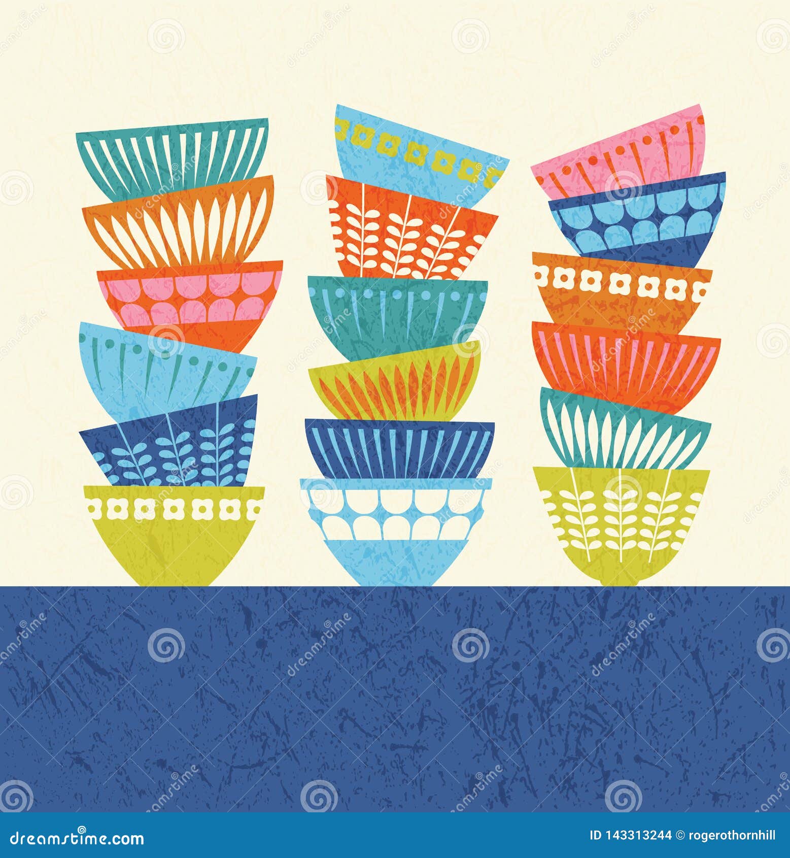 Stacked Colorful Kitchen Bowls with Mid Century Modern Designs. Stock ...