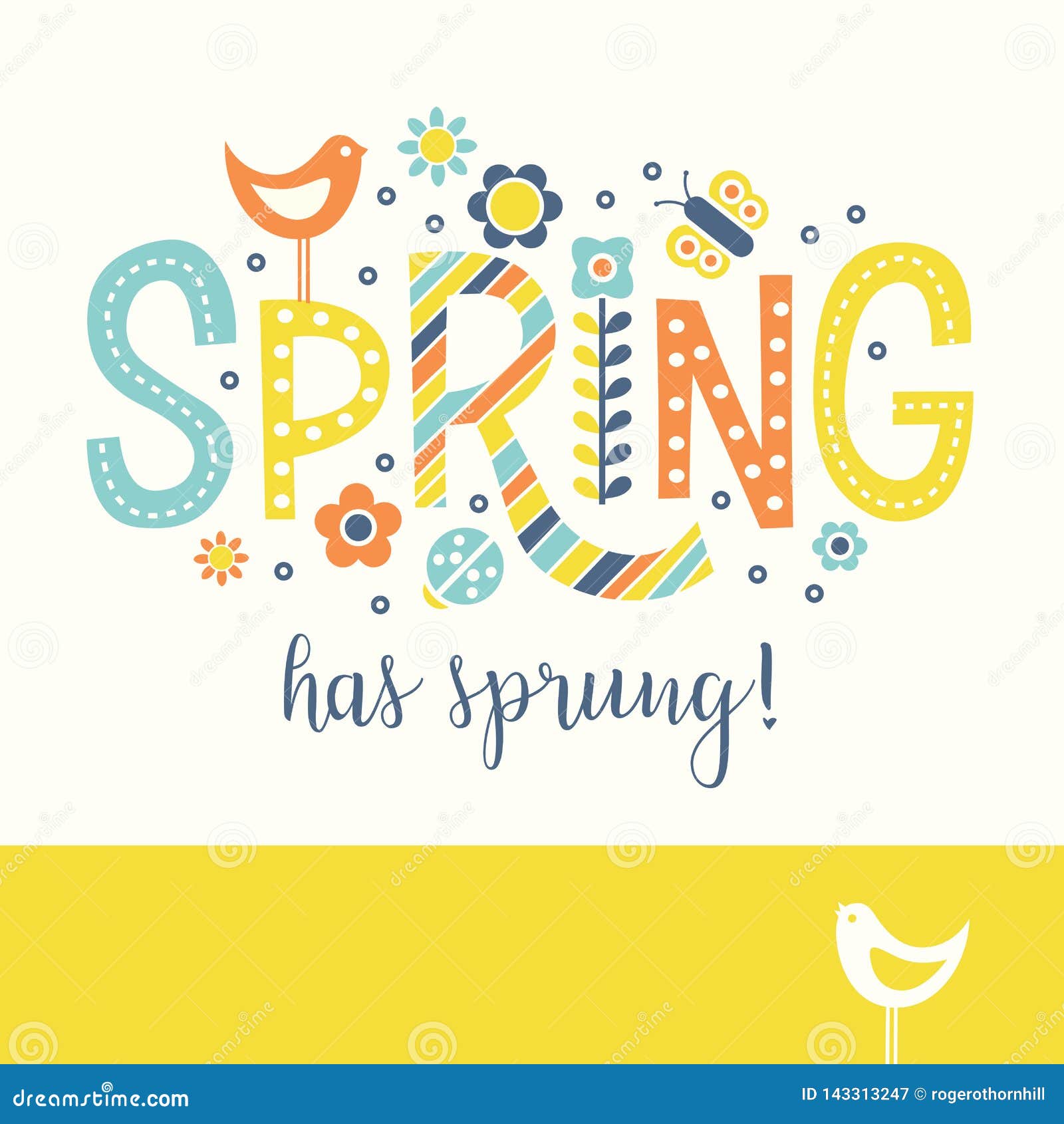 Spring Doodle Text Design with Birds, Flowers and Dots Stock Vector ...