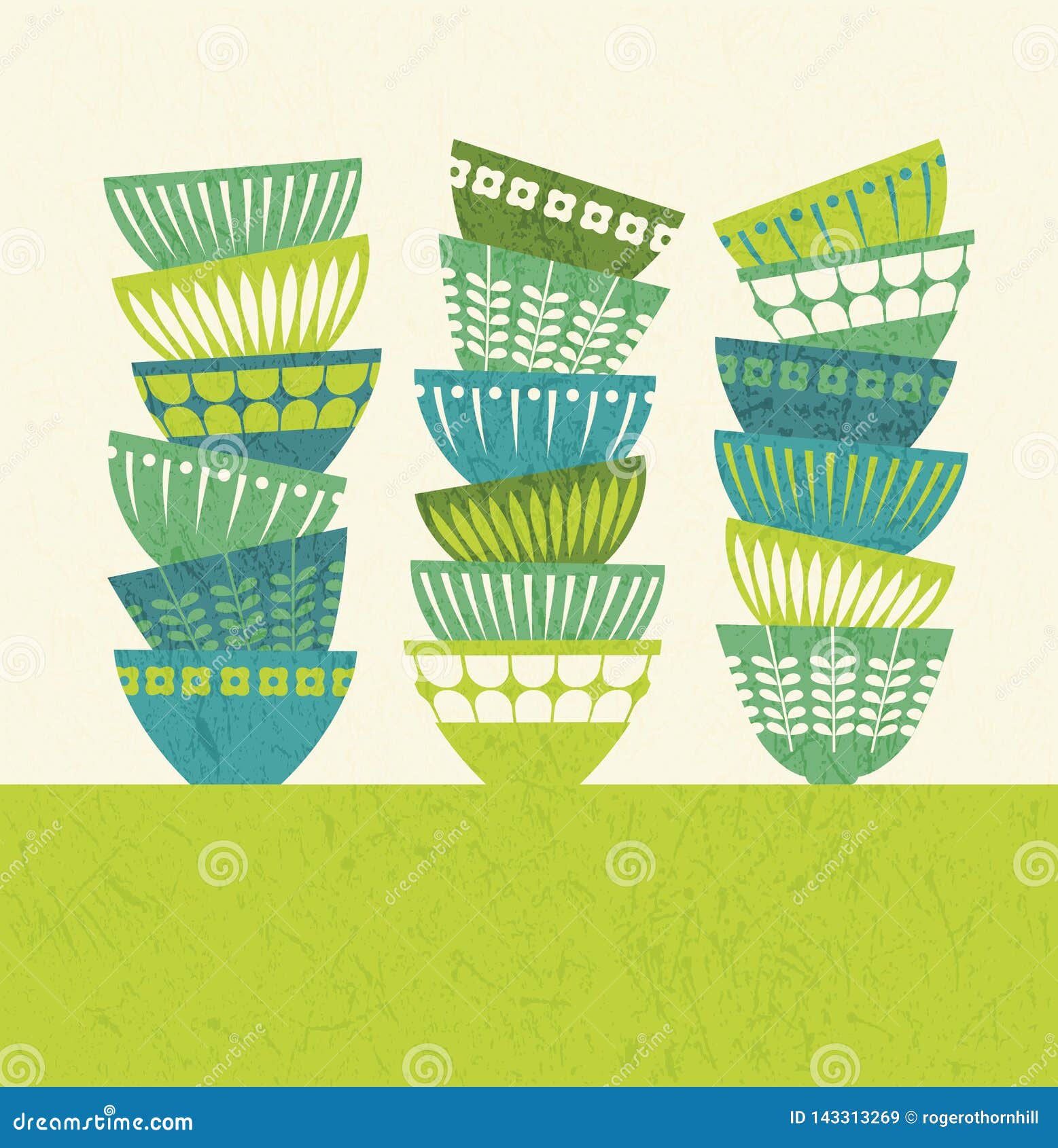 Stacked Colorful Kitchen Bowls with Mid Century Modern Designs. Stock ...