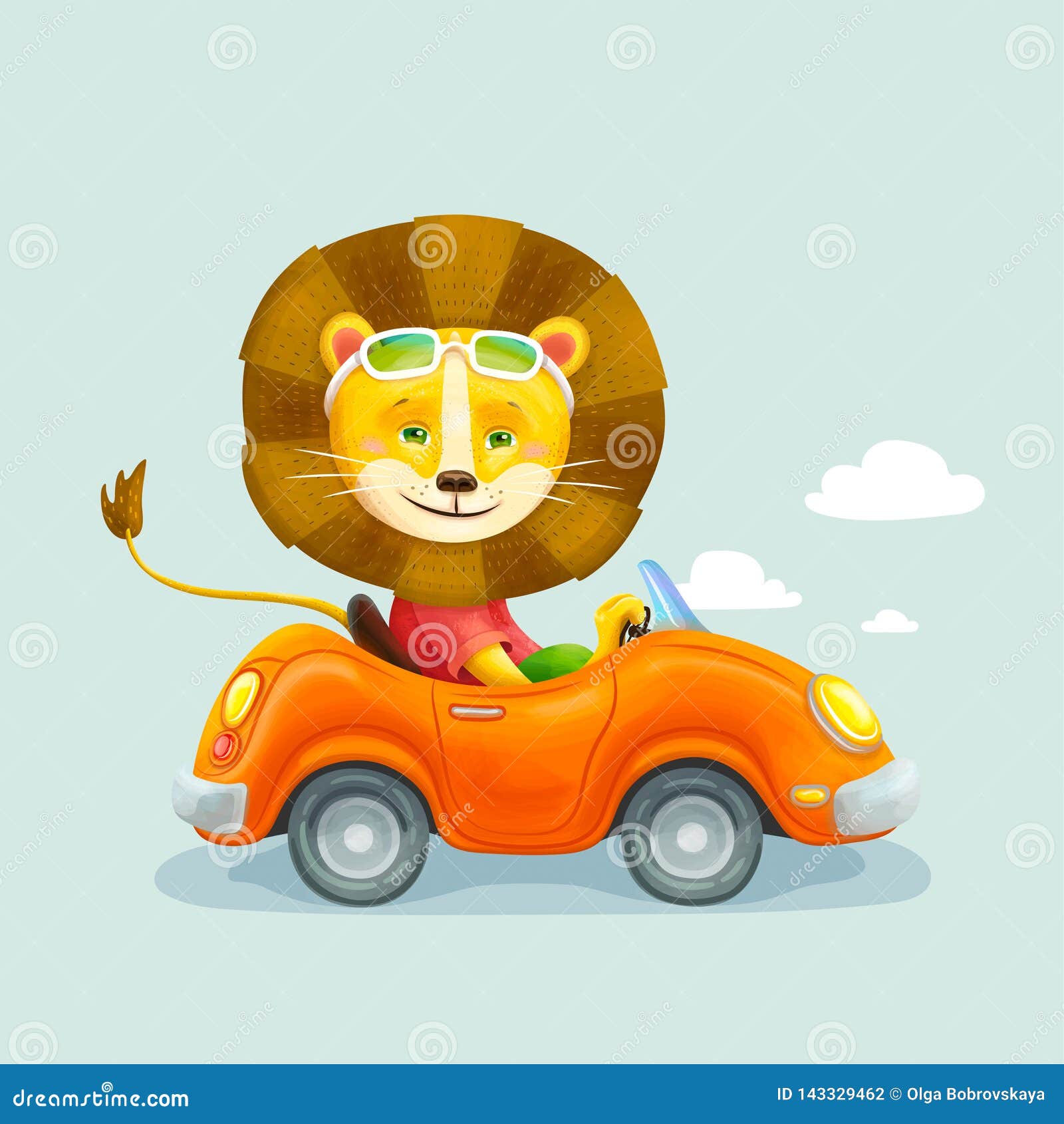 Cute Lion Riding an Orange Cabriolet at Sunny Day. Vector Illustration ...