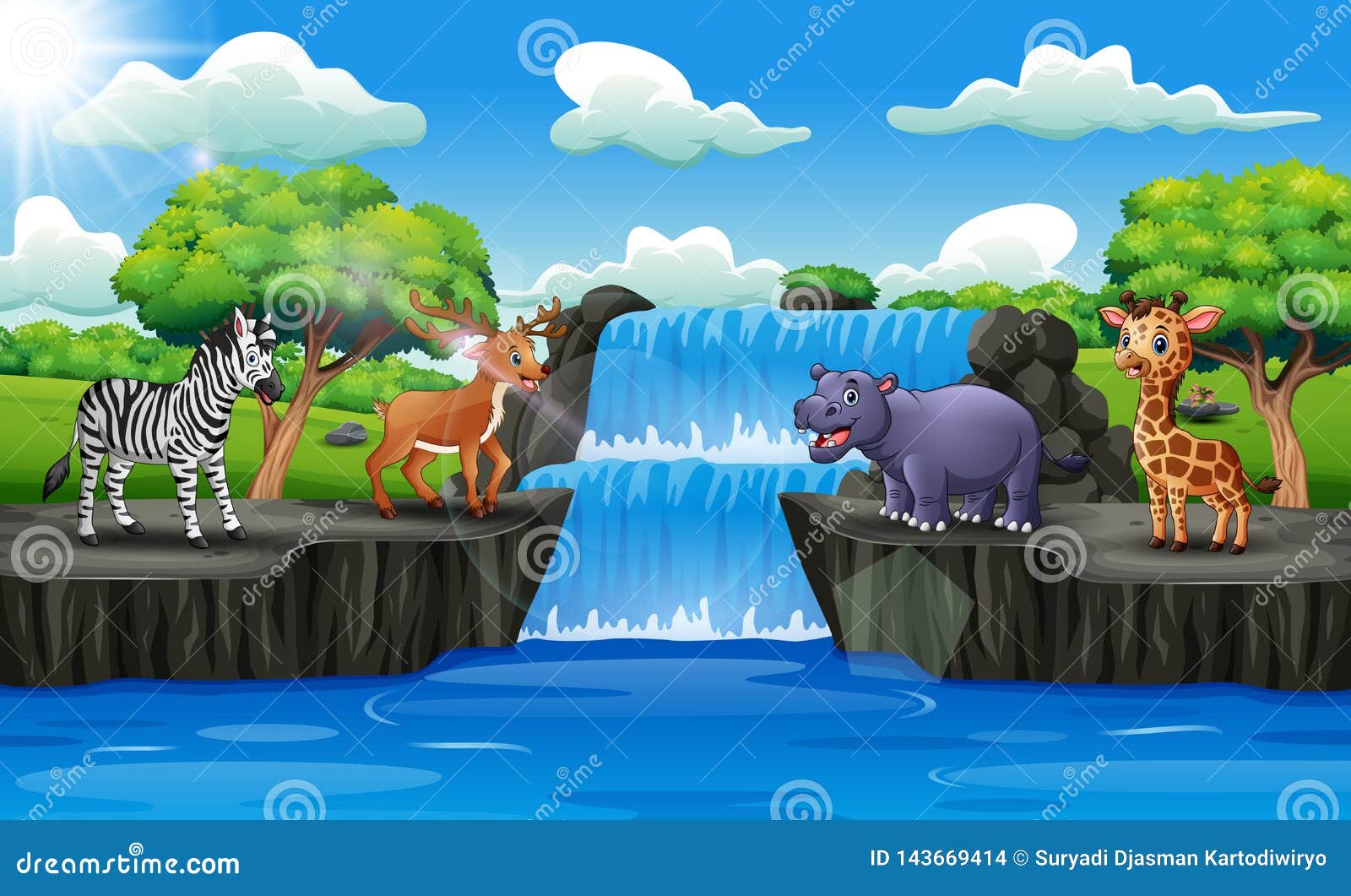 Happy Animals Enjoying on the Waterfall Stock Vector - Illustration of ...
