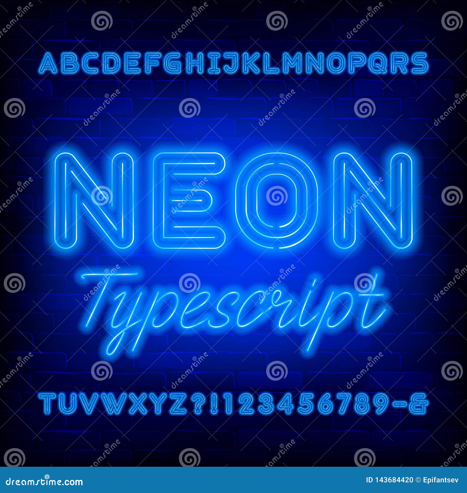 Blue Neon Alphabet Font. Bold Light Bulb Uppercase Letters and Numbers ...