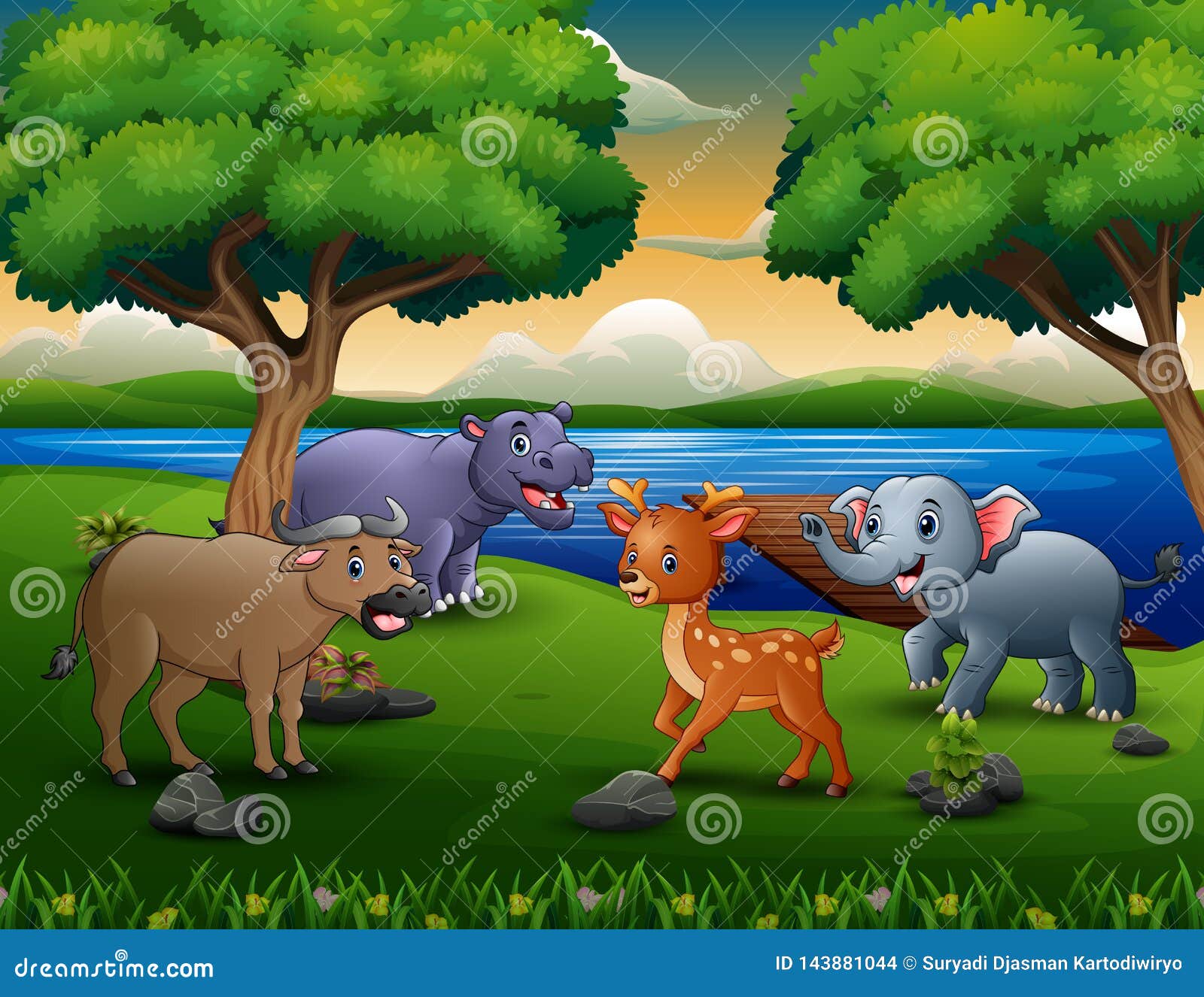 Happy Different Animal Playing the Riverside Stock Vector ...