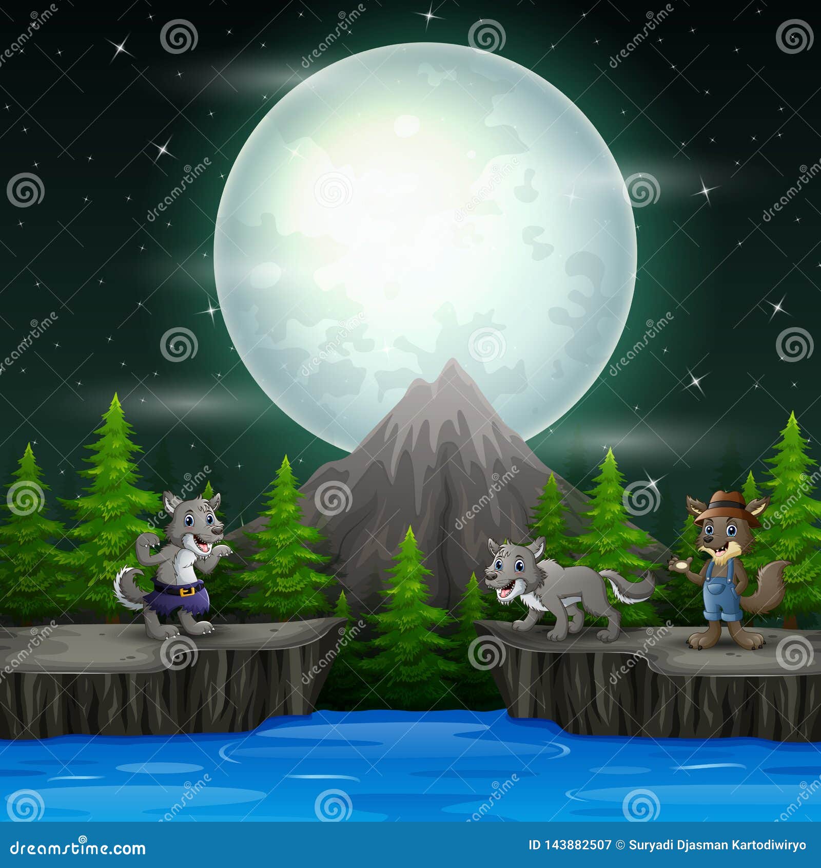 Night Landscape with Three Wolves on the Rocks Stock Vector ...
