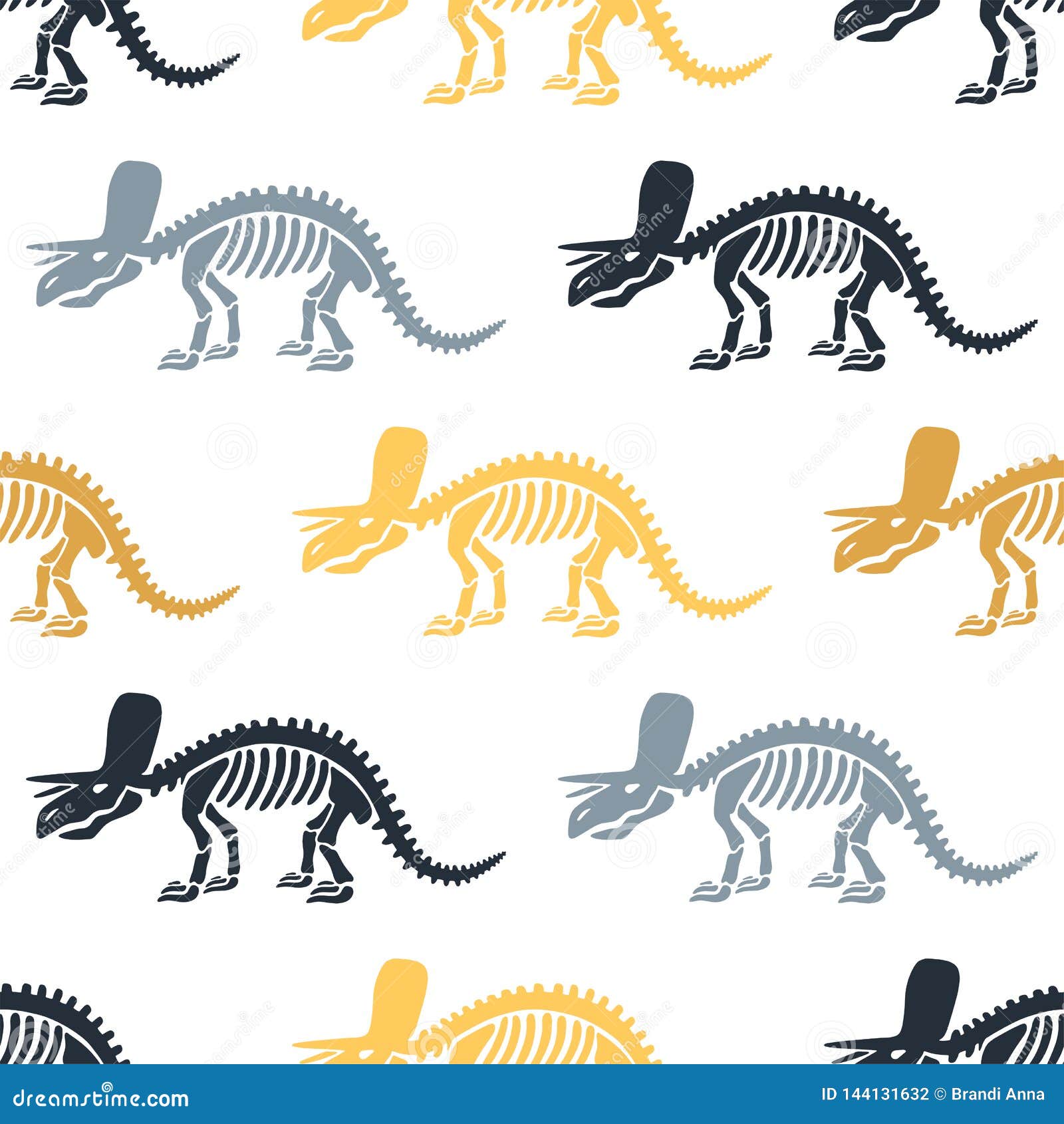 Dinosaur Skeleton Triceratops and Fossils. Vector Seamless Pattern ...