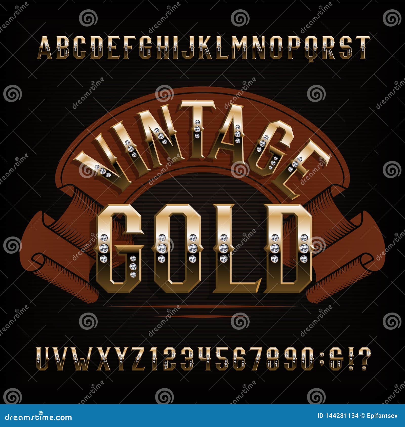 Vintage Gold Alphabet Font. Golden Letters And Numbers With Diamond ...