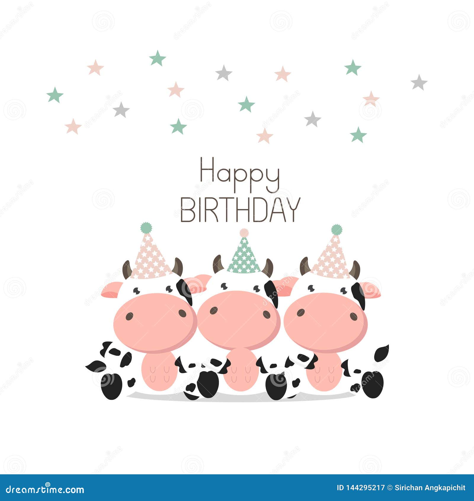 Happy Birthday Greeting Card Cute Cows. Stock Vector - Illustration of ...