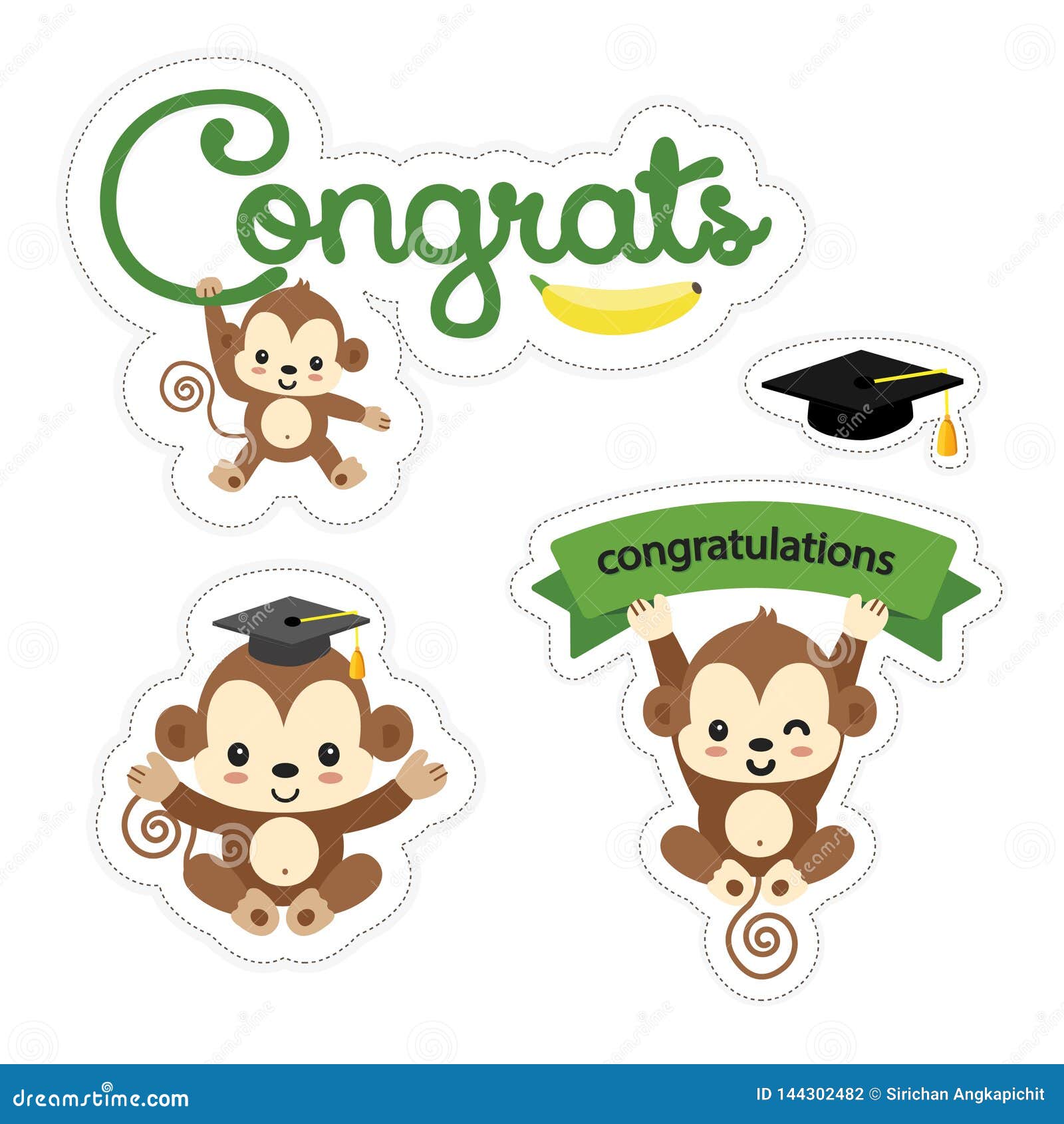 Set of Cute Monkey Stickers. Congratulations Design Vector Stock Vector ...