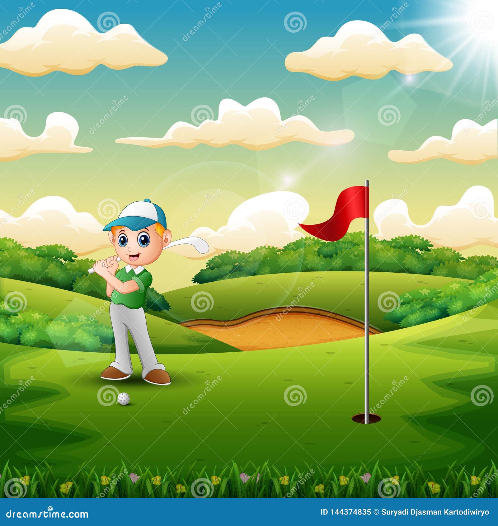 Happy Boy Playing Golf in the Court Stock Vector - Illustration of ...