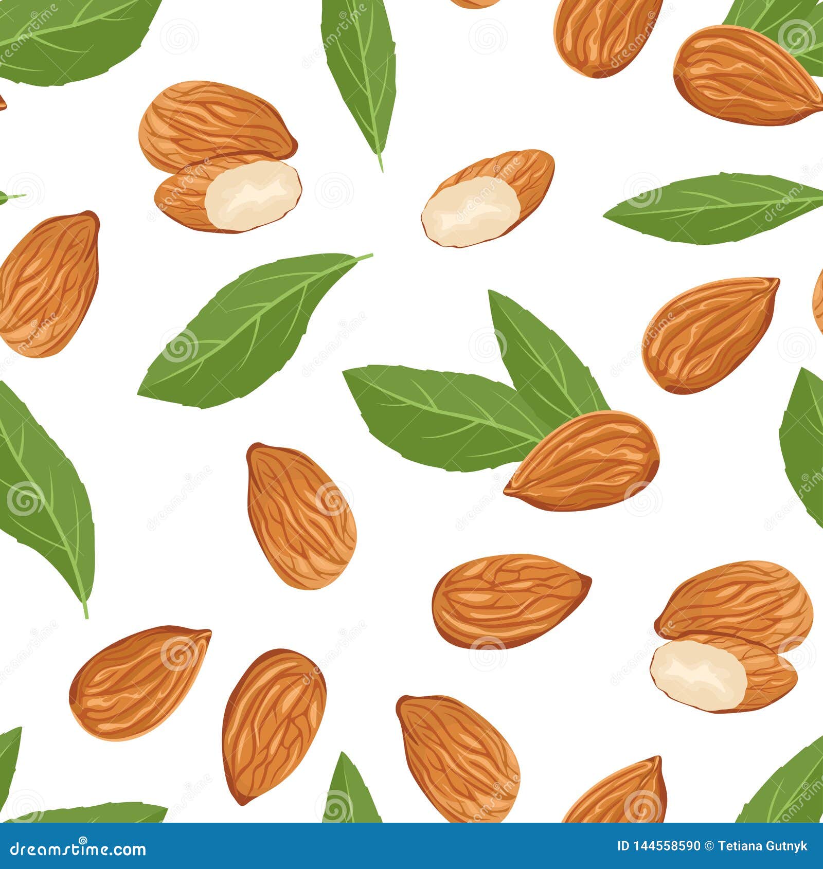 Almond Nuts, Green Leaves Seamless Pattern. Food Vector Illustration ...