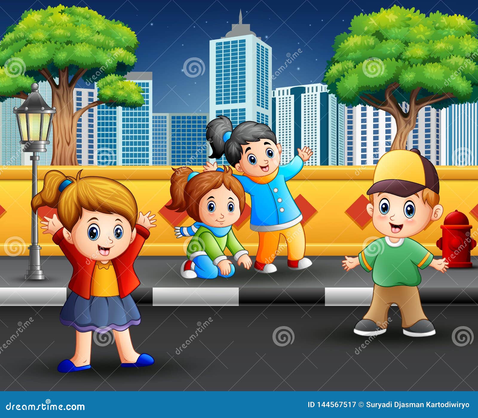 Cartoon Happy Children on the Sidewalk Stock Vector - Illustration of ...