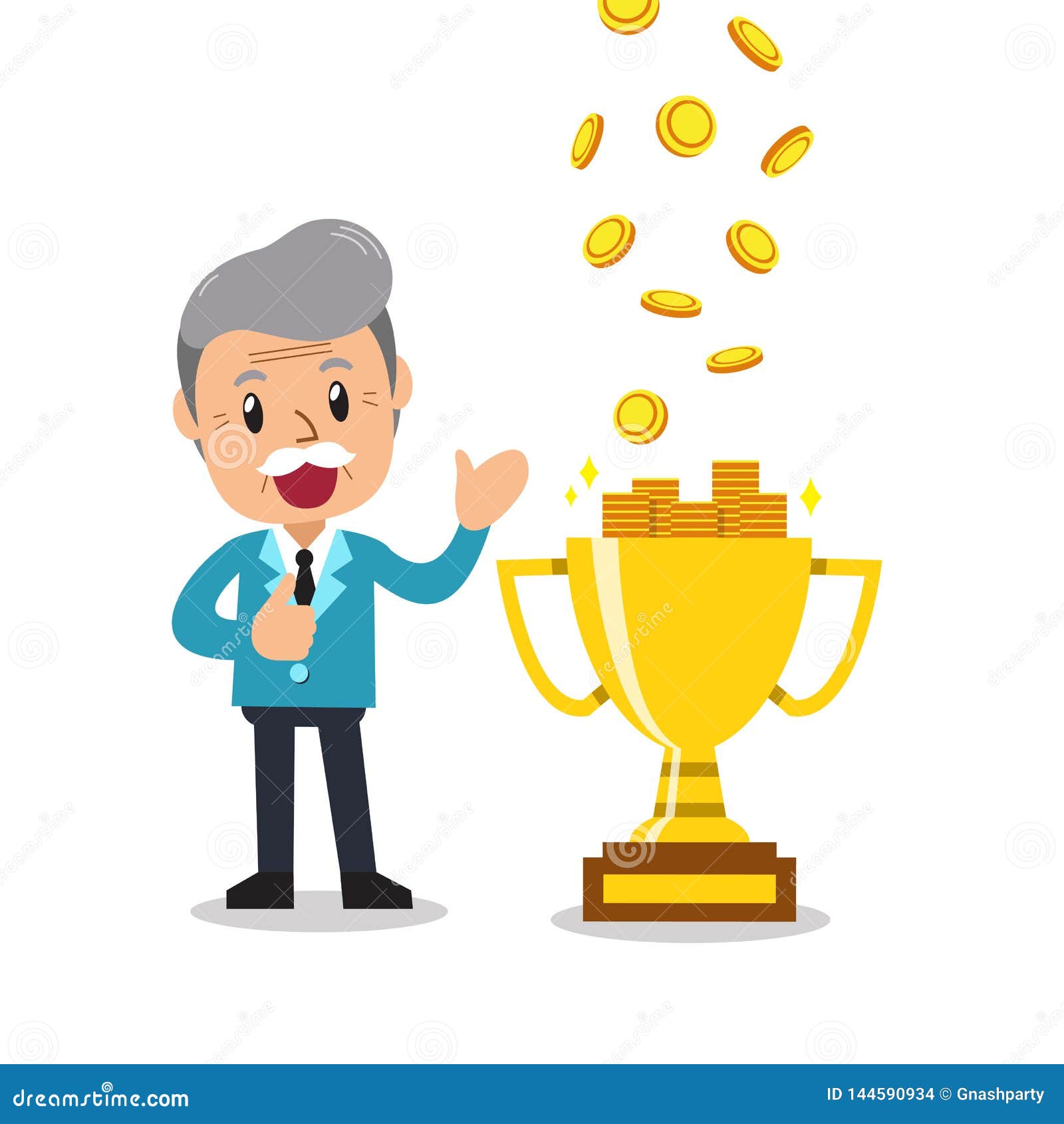 Cartoon Senior Businessman Earning Money with Trophy Stock Vector ...