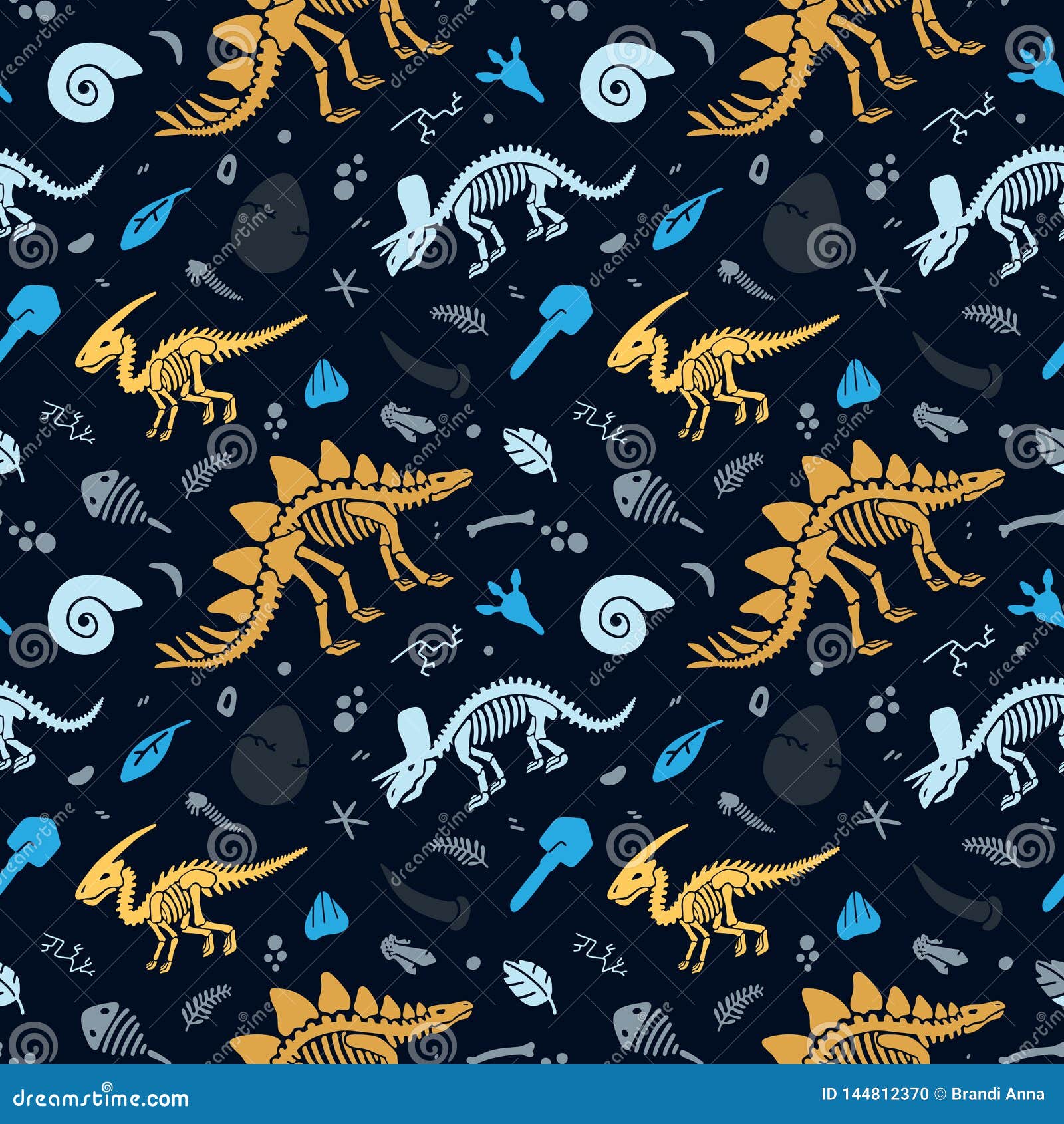 Dinosaur Skeletons and Fossils. Vector Seamless Pattern. Stock Vector ...