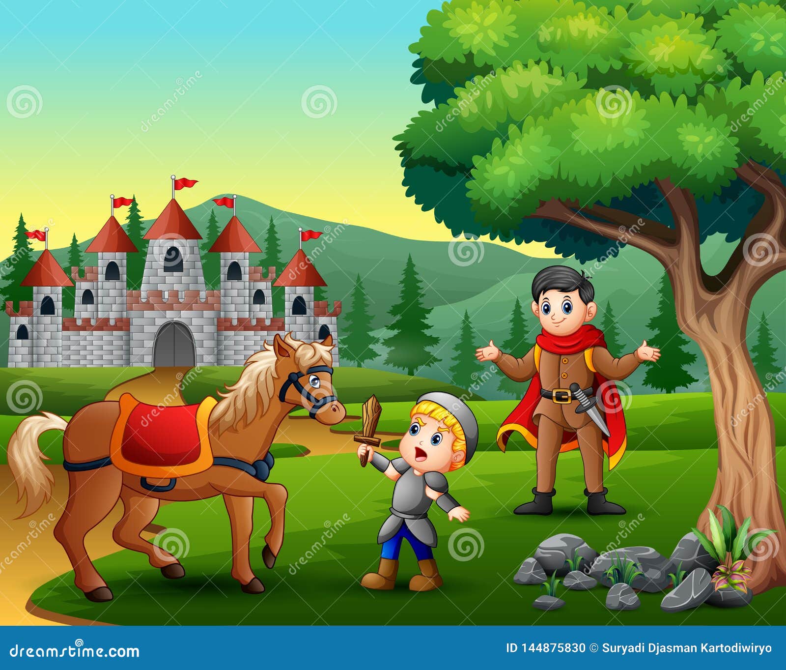 Knight Battling A Dragon To Protect The Princess Cartoon Vector ...