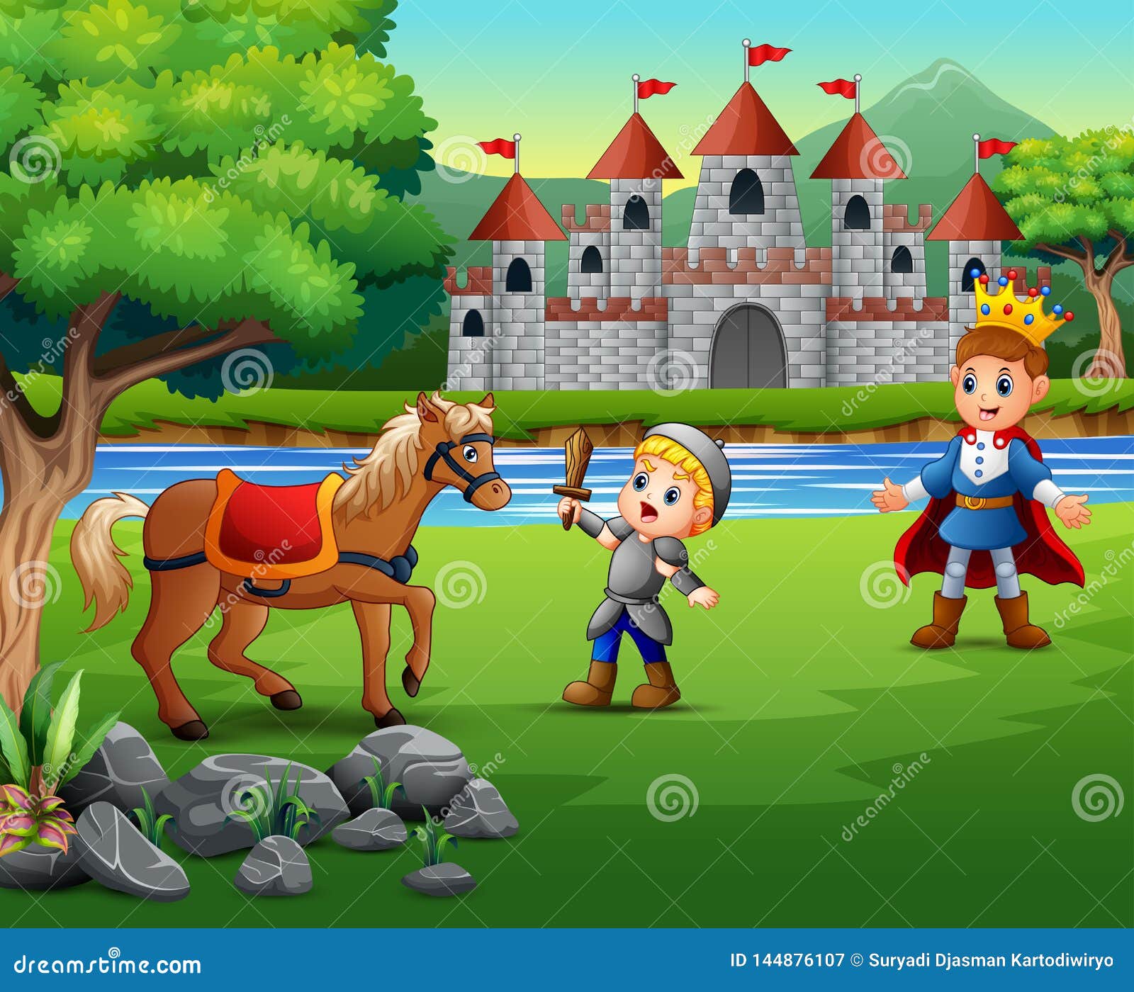 Knight Battling A Dragon To Protect The Princess Vector Illustration ...