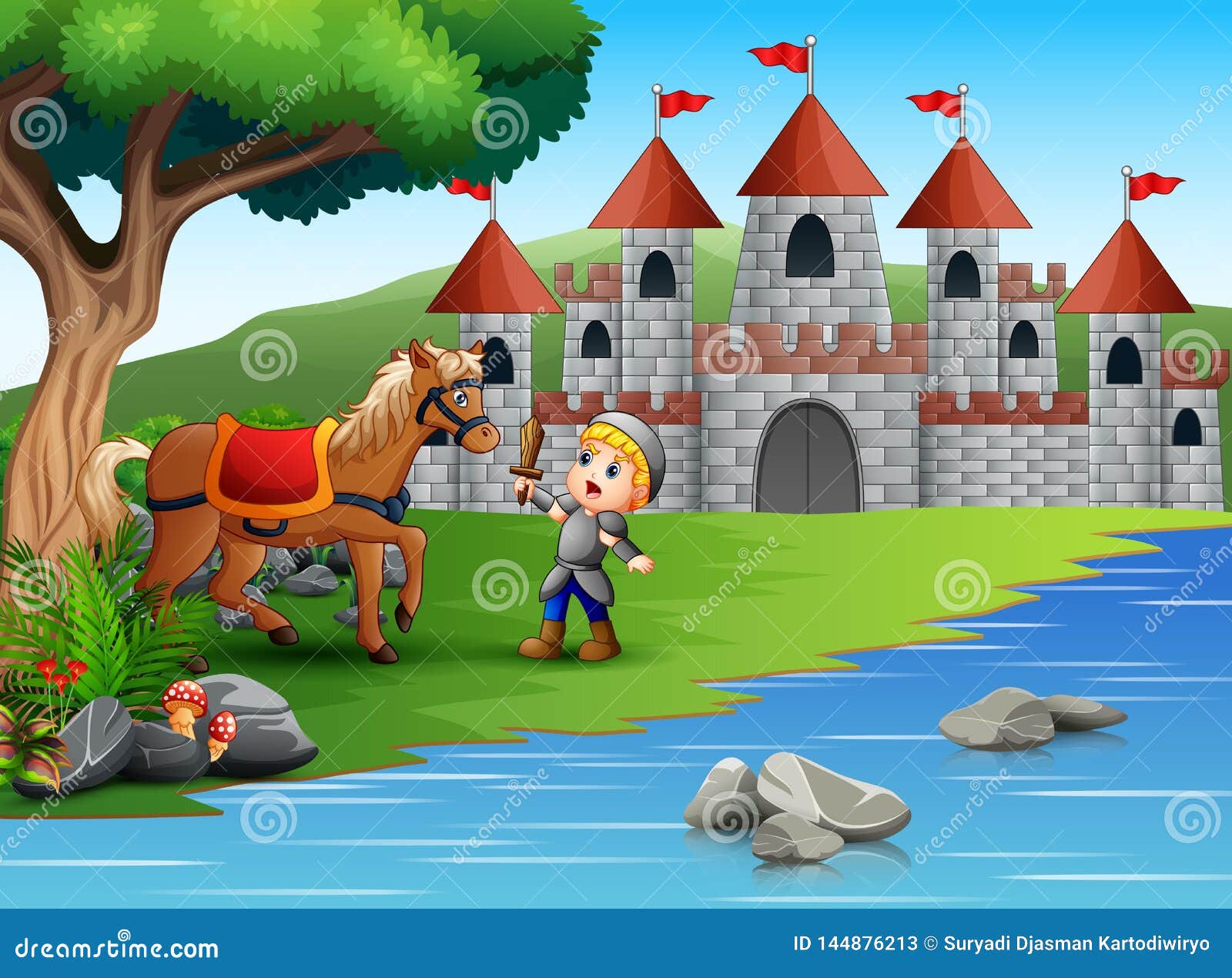 Knight Battling A Dragon To Protect The Princess Cartoon Vector ...